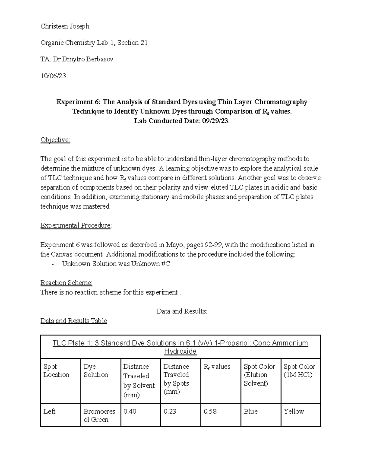 Experiment 6 ORGO LAB 1 - Good grade - Christeen Joseph Organic ...