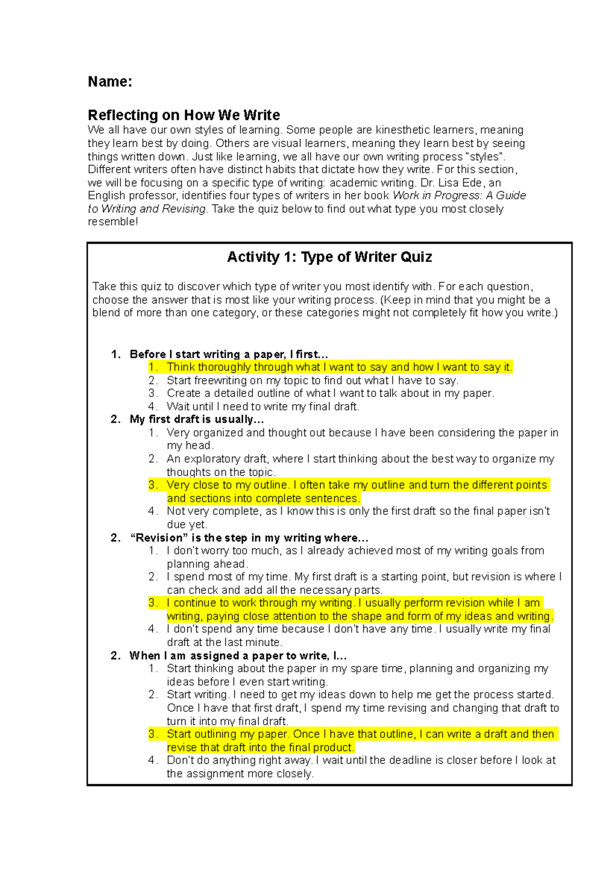 In class reflecting on how we write - Name: Reflecting on How We Write ...