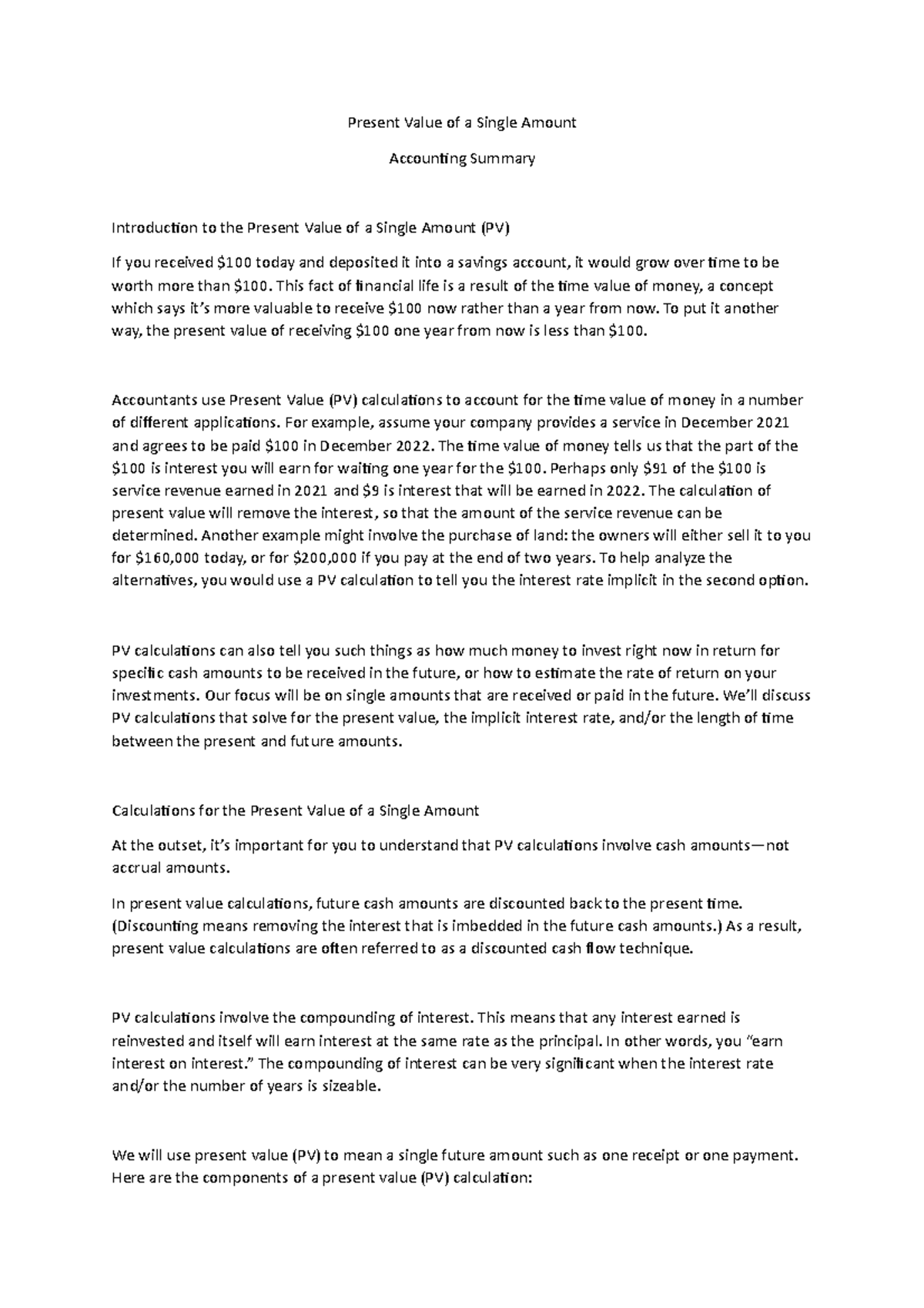 Present Value of a Single Amount Accounting Summary - Present Value of ...