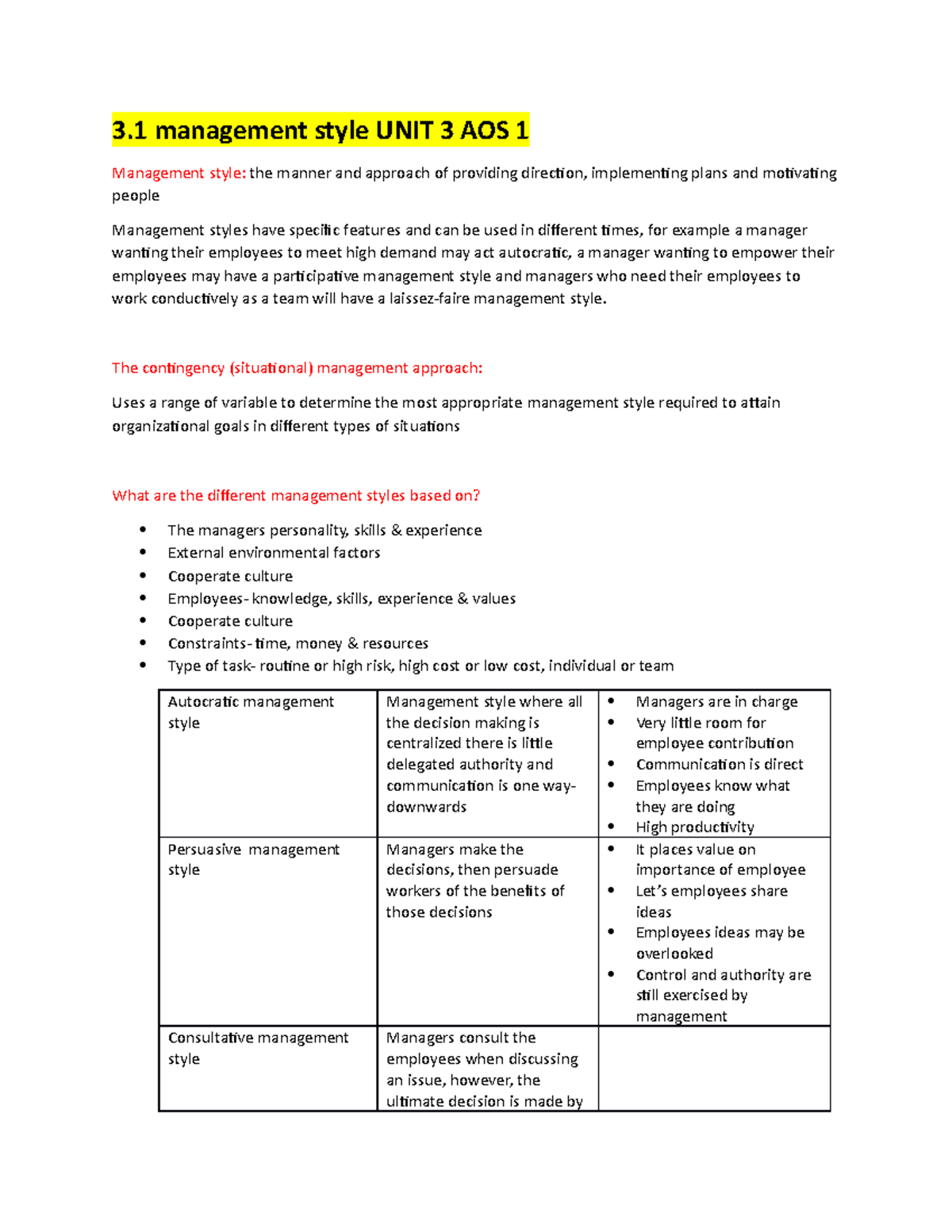 unit 3 aos 1 revision and sac revision sheet - 3 management style UNIT ...