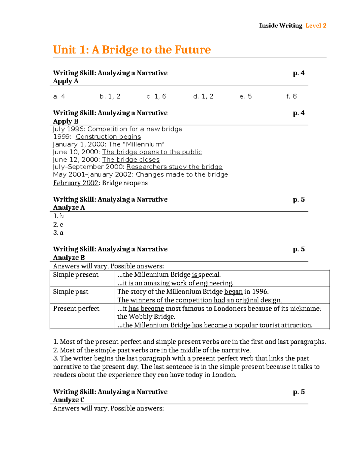 IW2 U1 AK Final - Answer Key Inside Writing 2 Unit 1 - Unit 1: A Bridge ...
