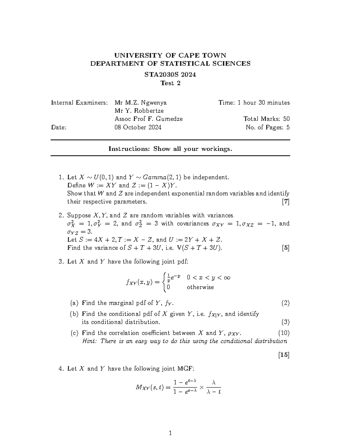 STA2030S Test2 2024 - Test 2 - UNIVERSITY OF CAPE TOWN DEPARTMENT OF ...
