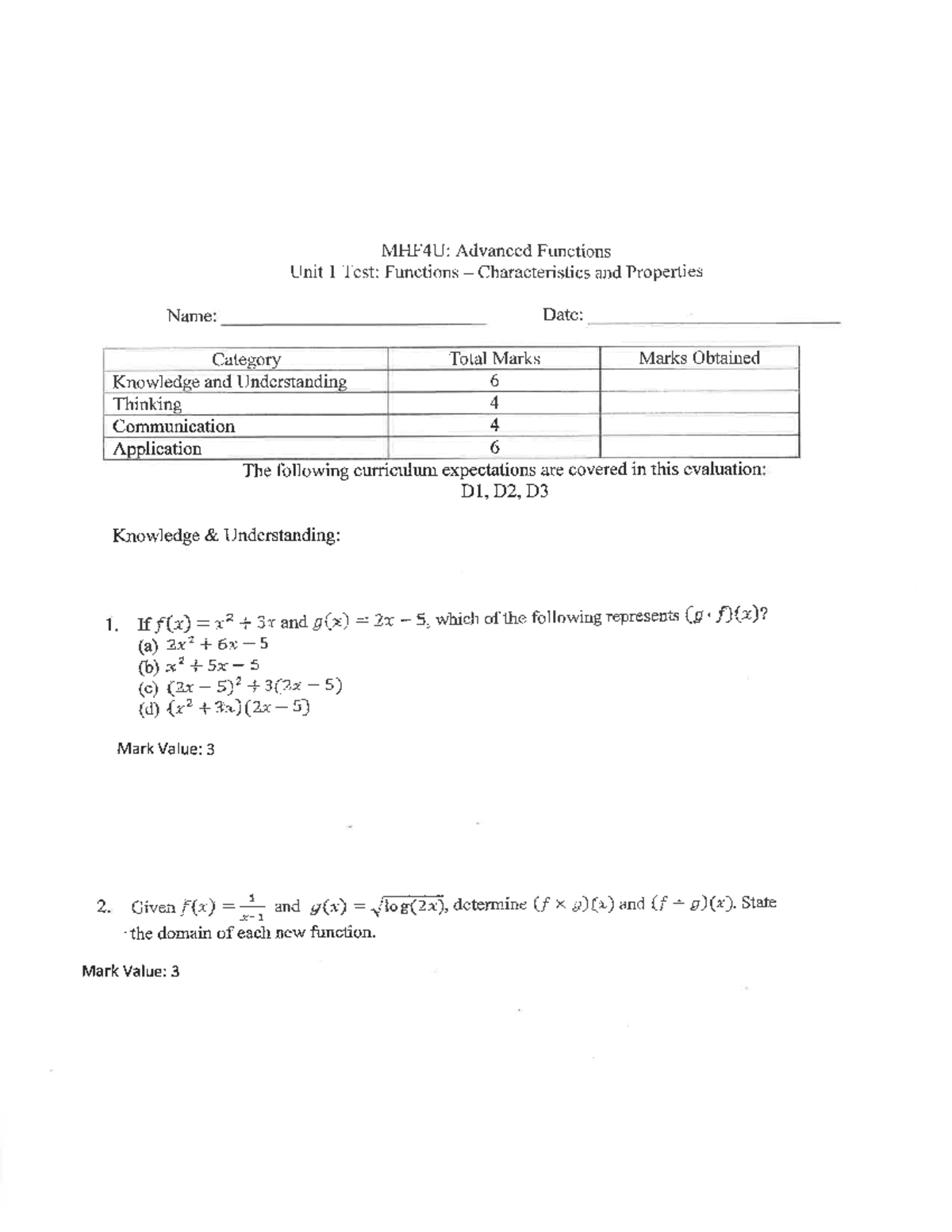 MHF4U - Unit 1 Test - quiz - r¿r P Yi p's Collegiate School 100 Lee ...