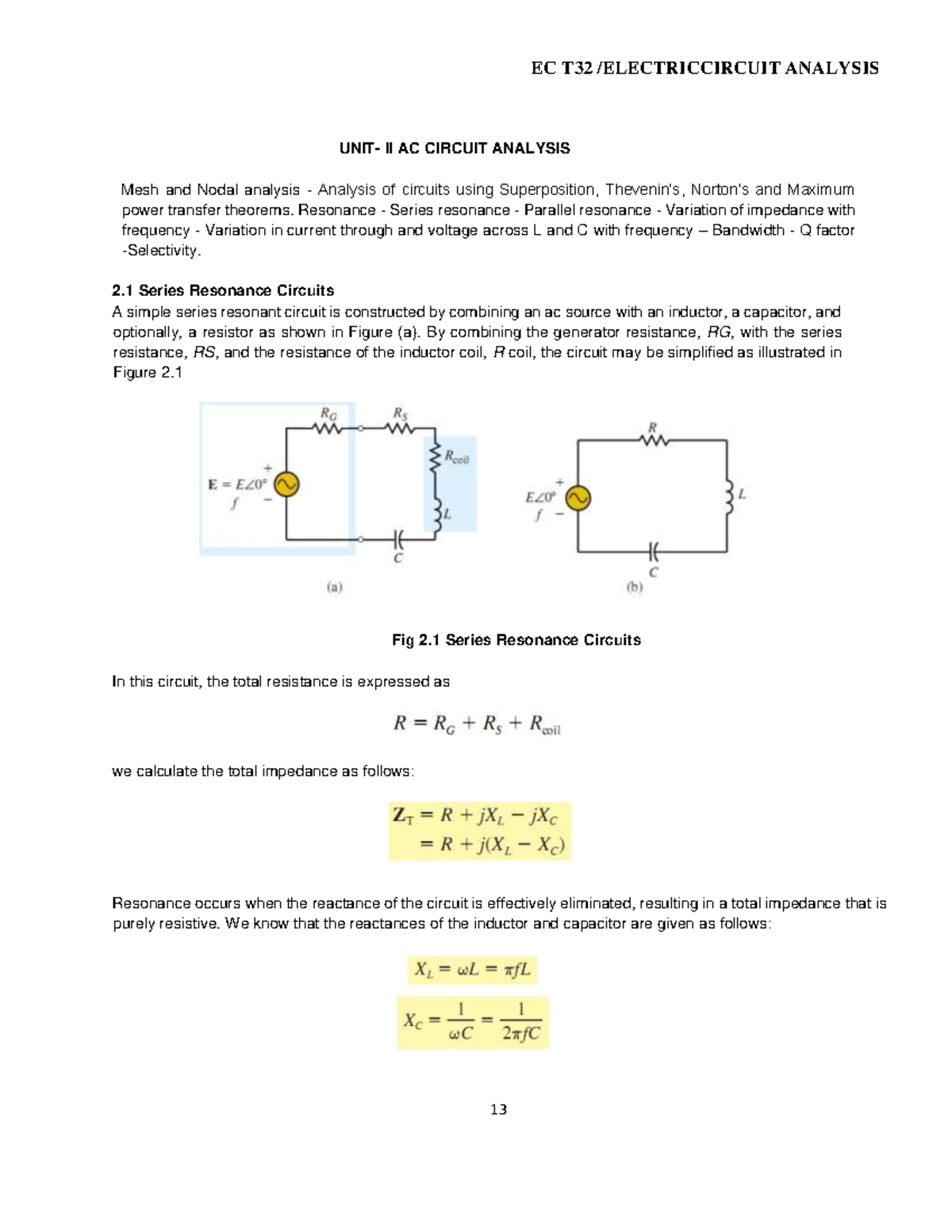 AC CIRCUIT ANALYSIS SUMMARY OF ECA UNIT-2 - UNIT- II AC CIRCUIT ...