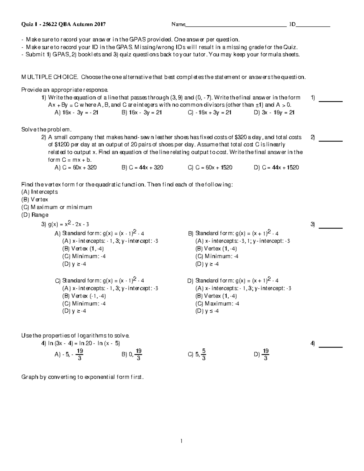 Quiz 10 April, questions and answers - Quiz 1 - 25622 QBA Autumn 2017 ...