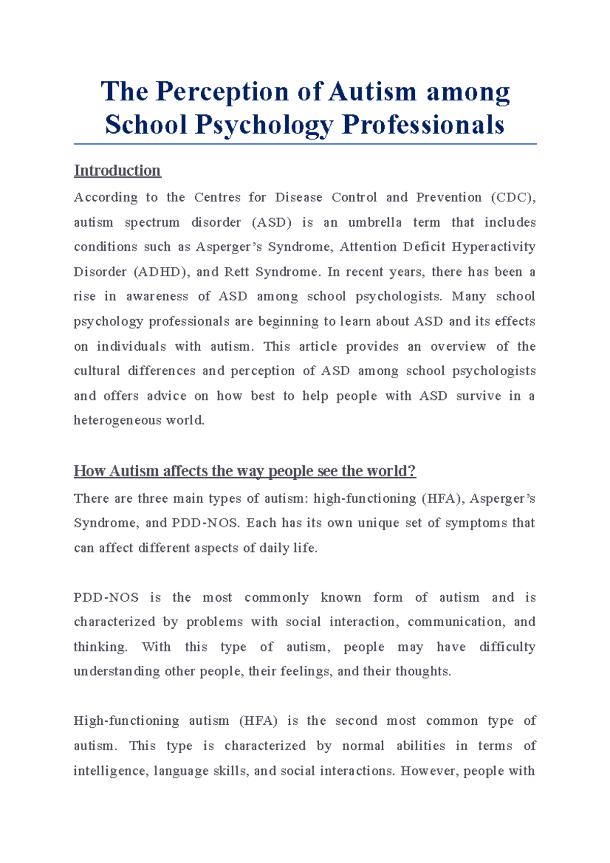 The Perception of Autism among School Psychology Professionals - The ...