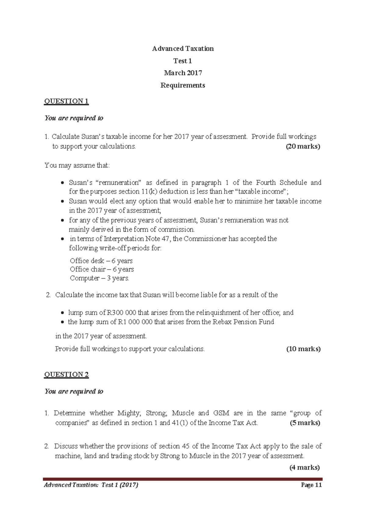 Taxation - W3 - Session 1 - Tutorial R - Advanced Taxation: Test 1 ...