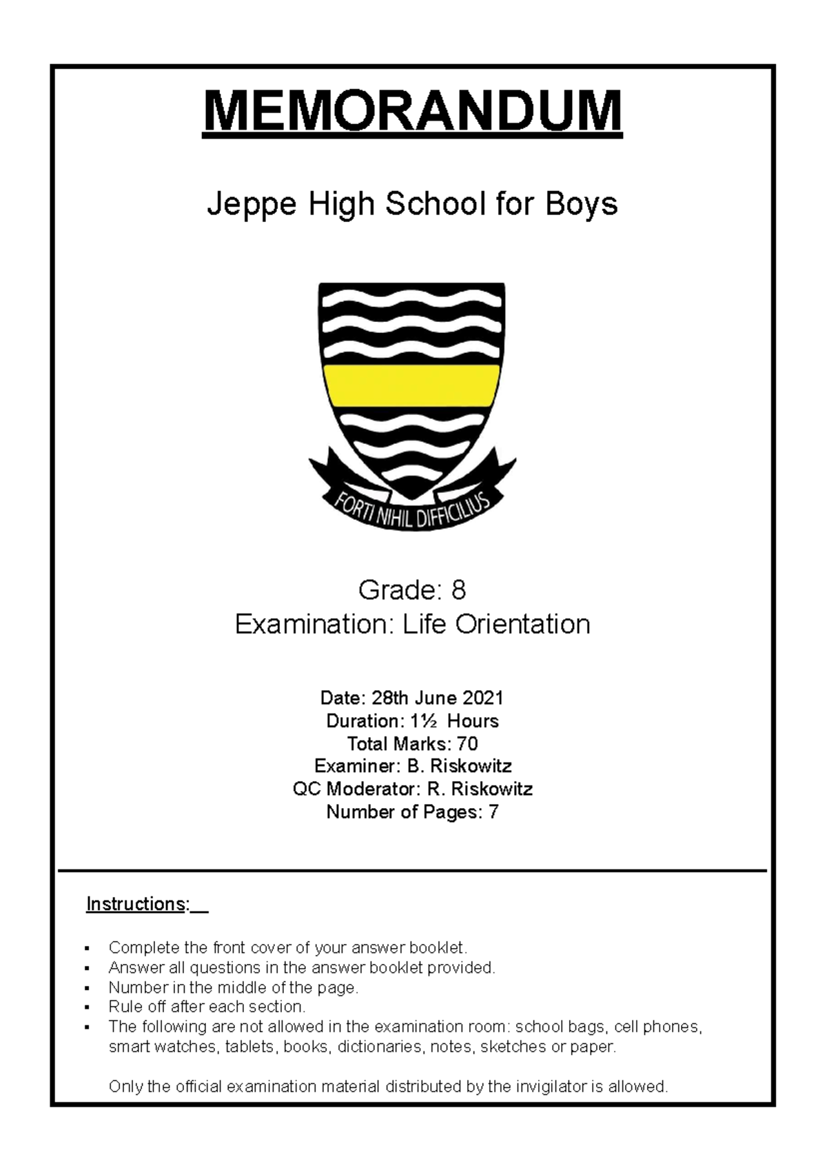 LO 2021 June Memo - life orientation - MEMORANDUM Jeppe High School for ...