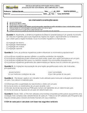 Avaliação de geografia 8 ano 1 bim - LEIA ATENTAMENTE AS INSTRUÇÕES ...