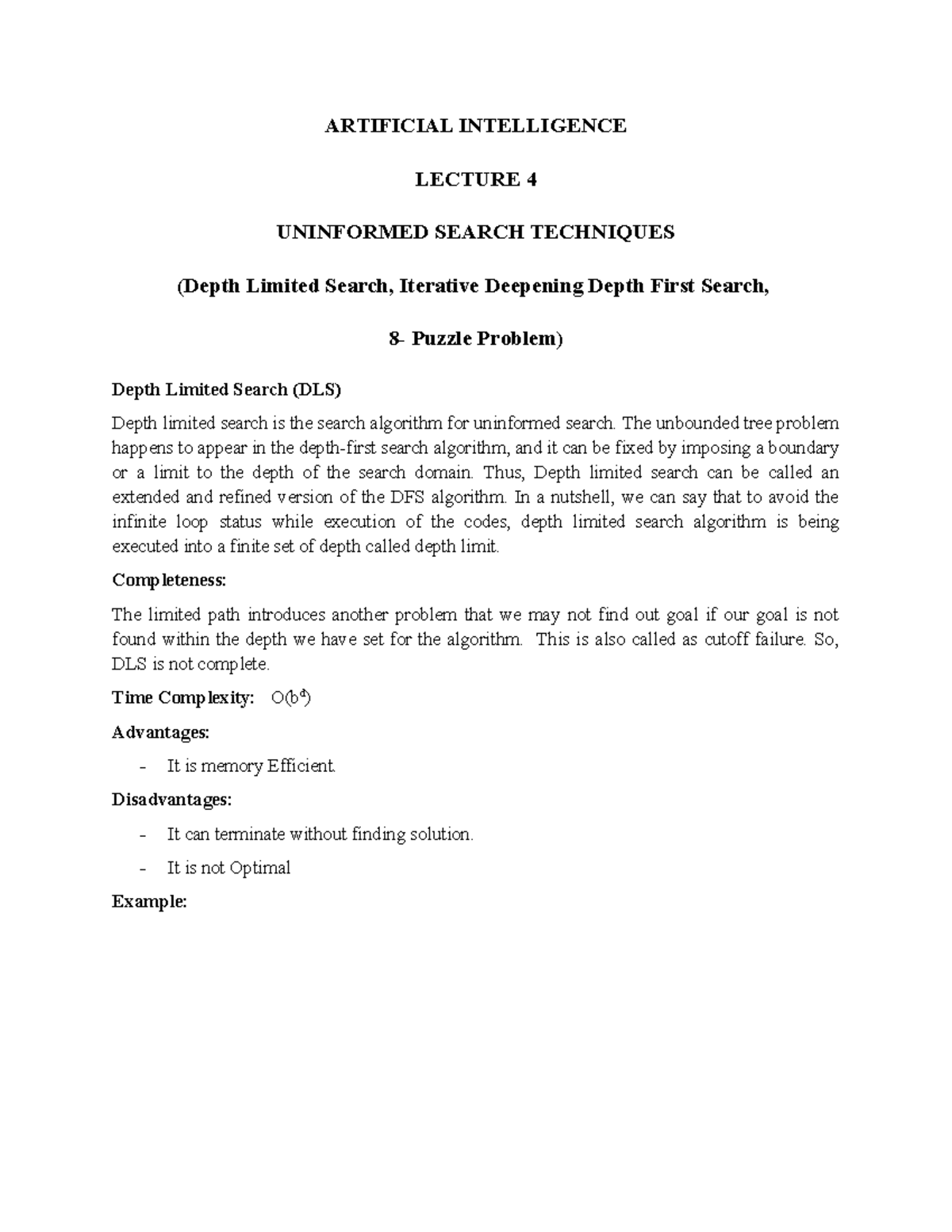 4-Lecture 4-AI - Artificial Intelligent - ARTIFICIAL INTELLIGENCE LECTURE 4 UNINFORMED SEARCH ...