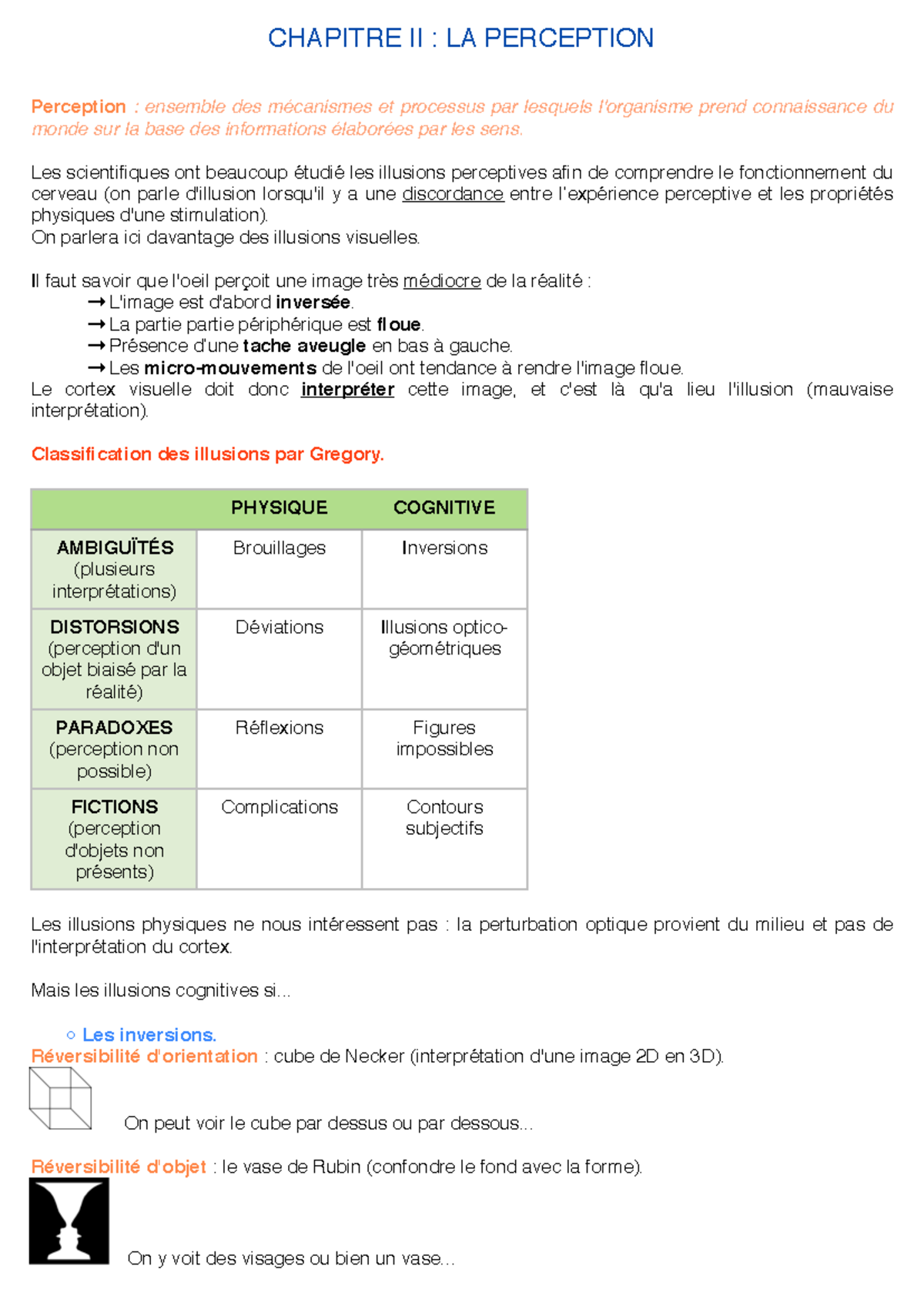Psy la perception - CHAPITRE II : LA PERCEPTION Perception : ensemble ...