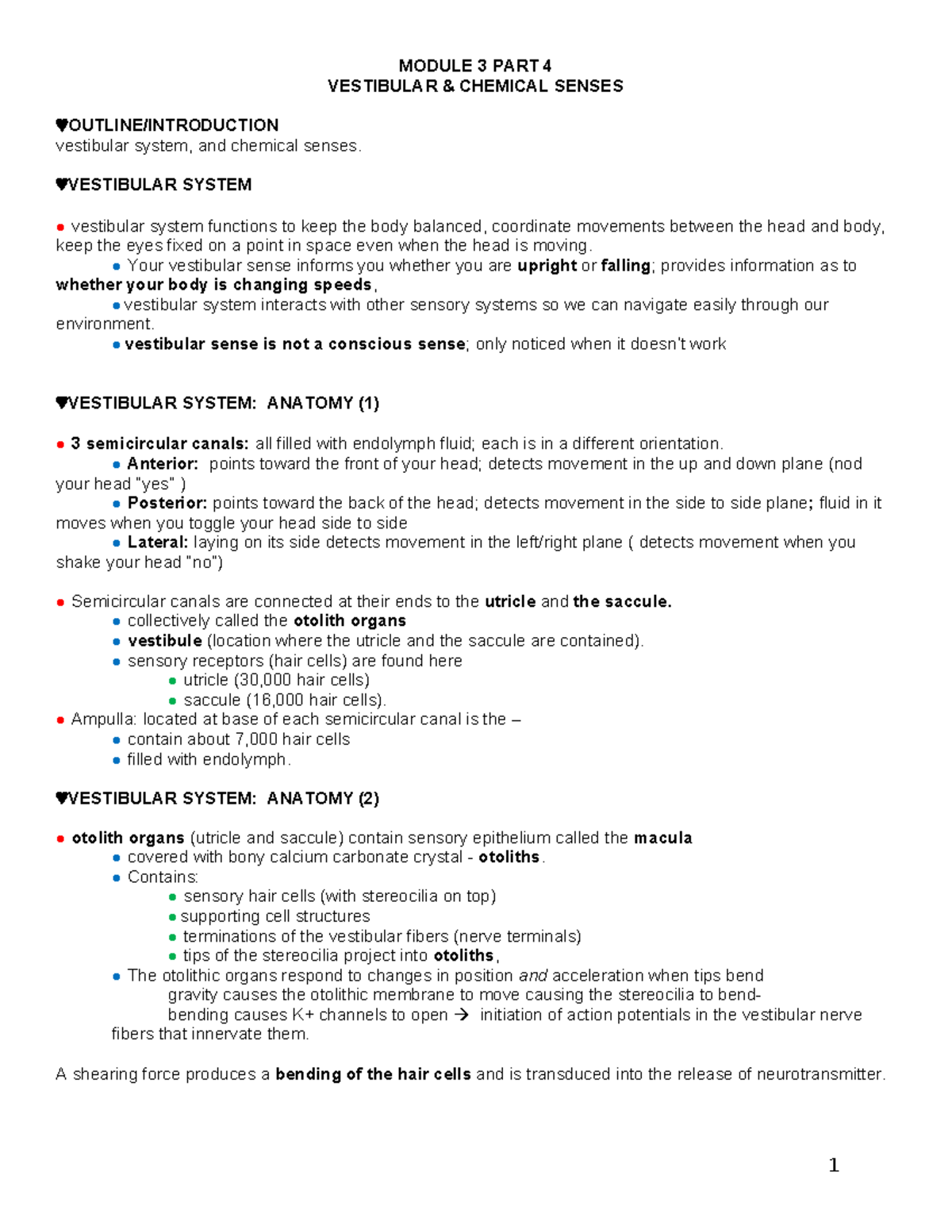 Notes for Module 3 part 4-1 - MODULE 3 PART 4 VESTIBULAR & CHEMICAL ...