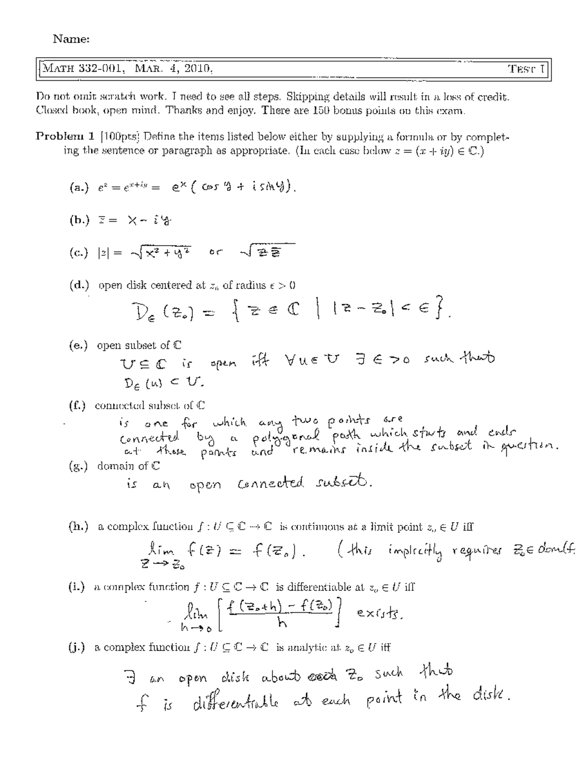 Complex Analysis Test 1 soln - Name: NIAR. 4, 2010, TESTI Do not omit ...