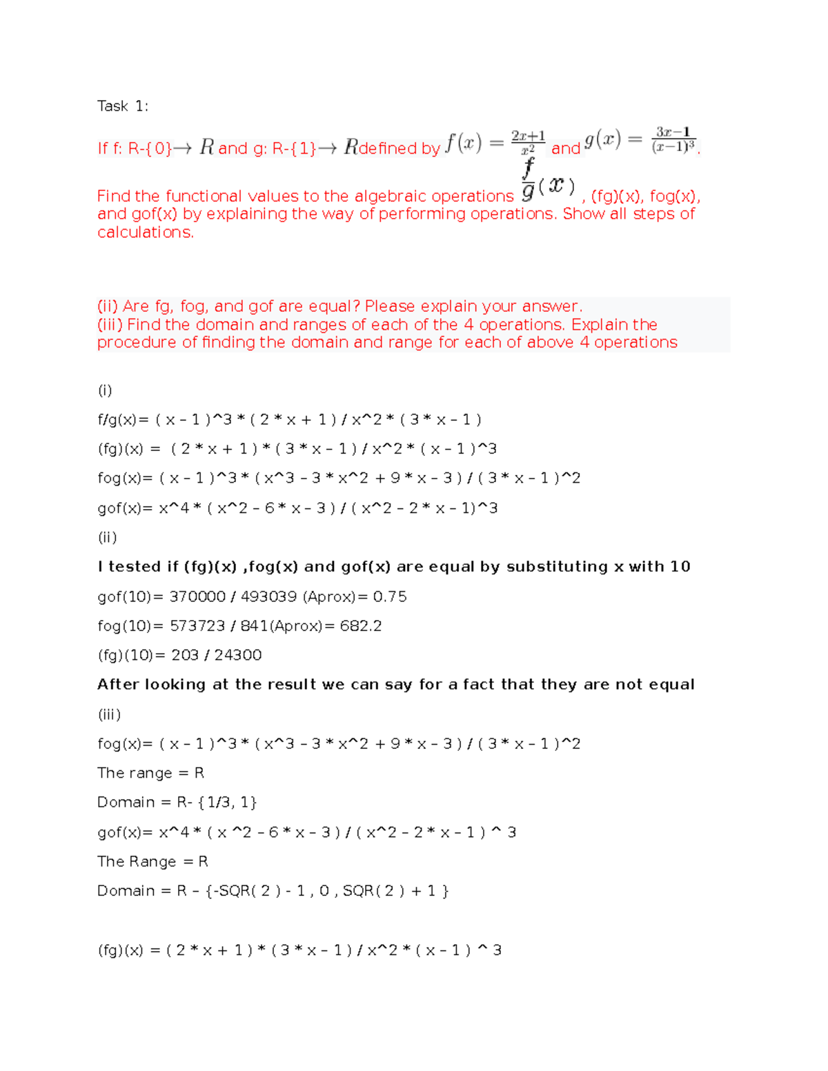 Assignment unit 2 - Task 1: If f: R-{0} and g: R-{1} defined by and. Find the functional values ...