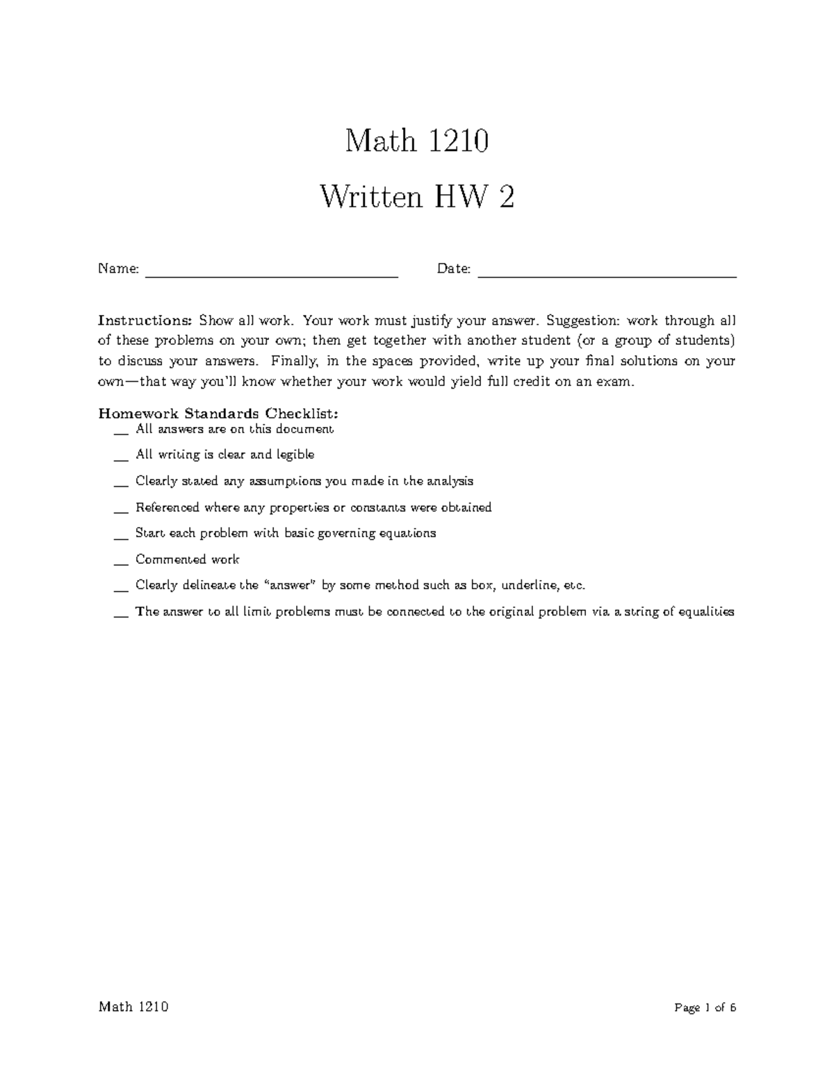 Calc 1 Written HW #2 Key - Math 1210 Written HW 2 Name: Date: Instructions:Show all work. Your ...