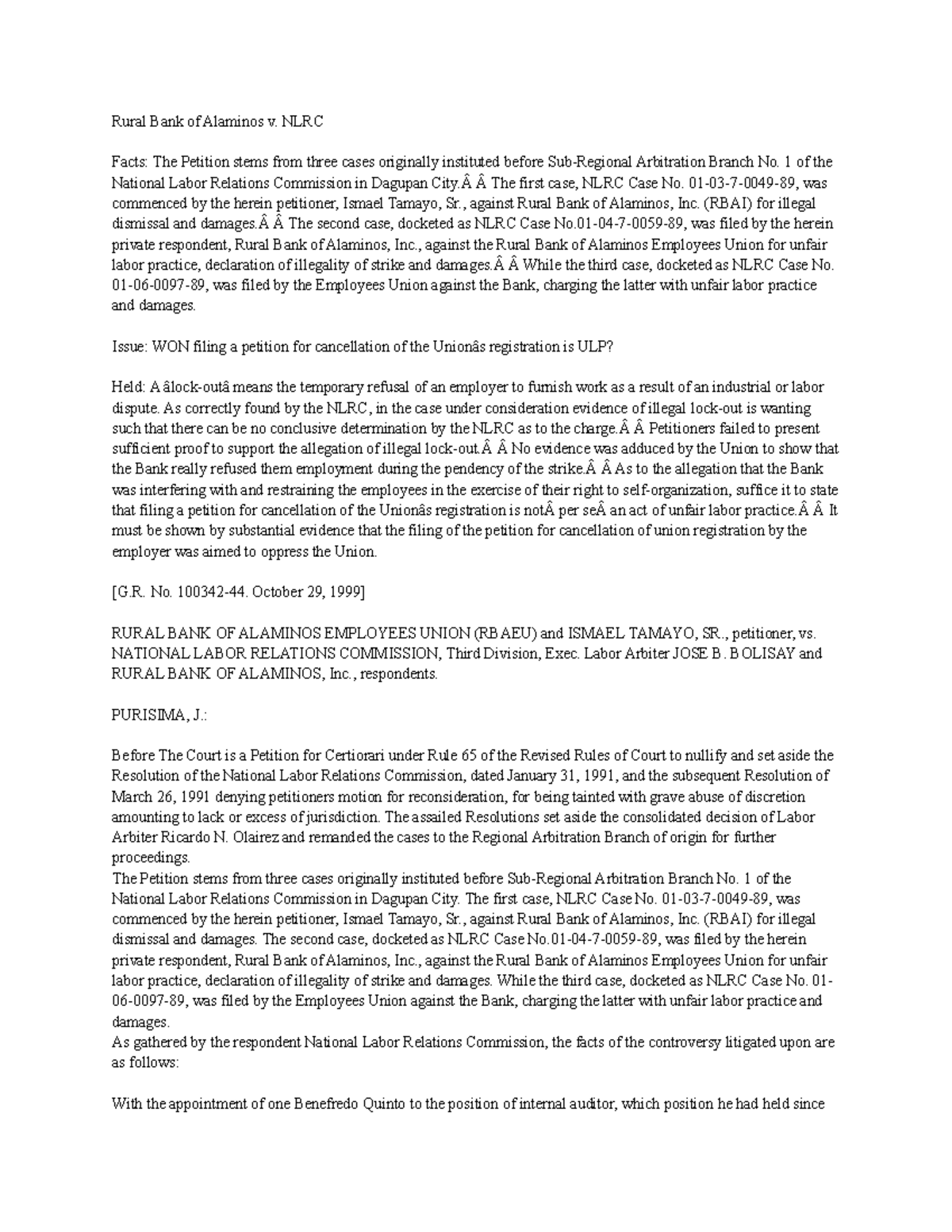 Alaminos v. NLRC - Case Brief - Rural Bank of Alaminos v. NLRC Facts ...
