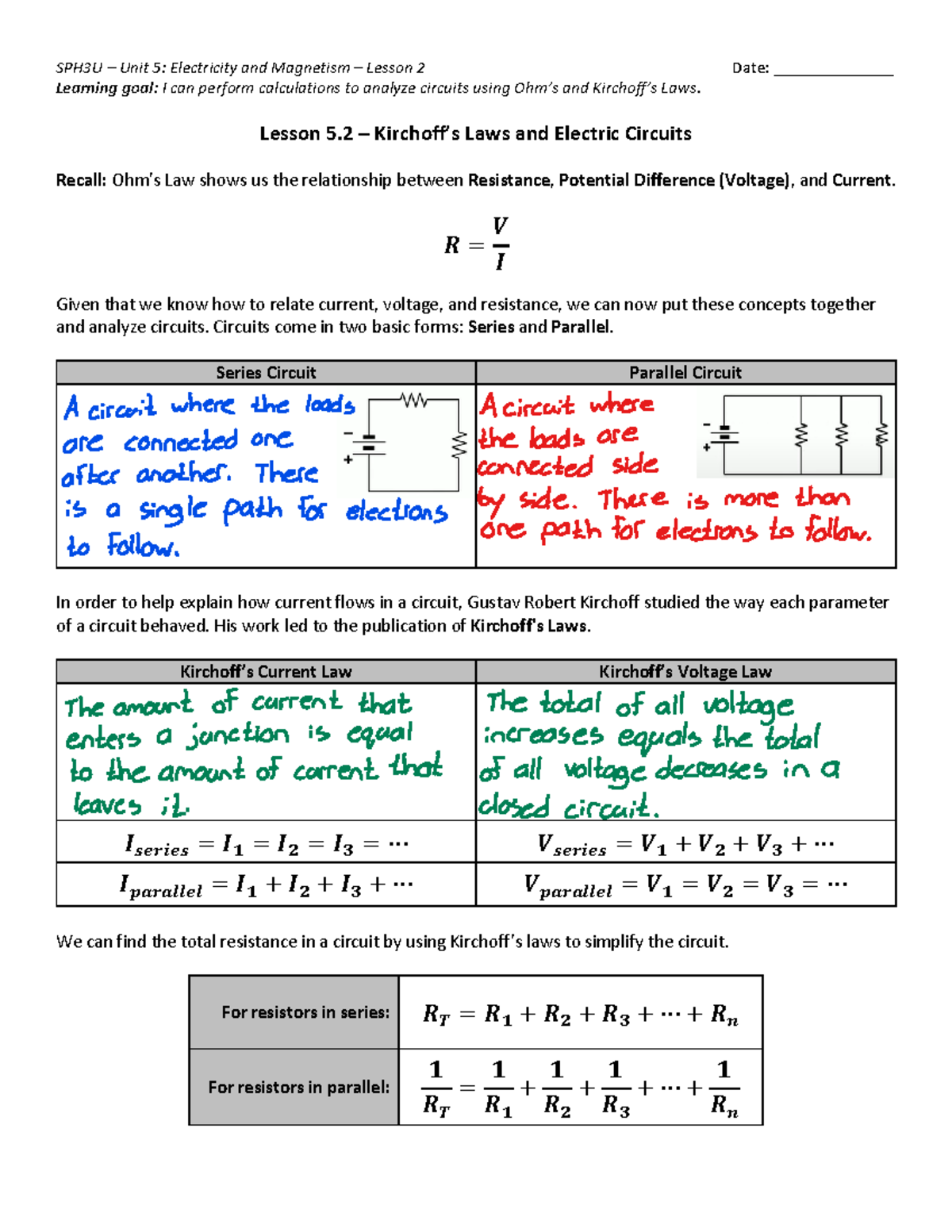 Physics - SPH3U – Unit 5 : Electricity and Magnetism – Lesson 2 Date ...