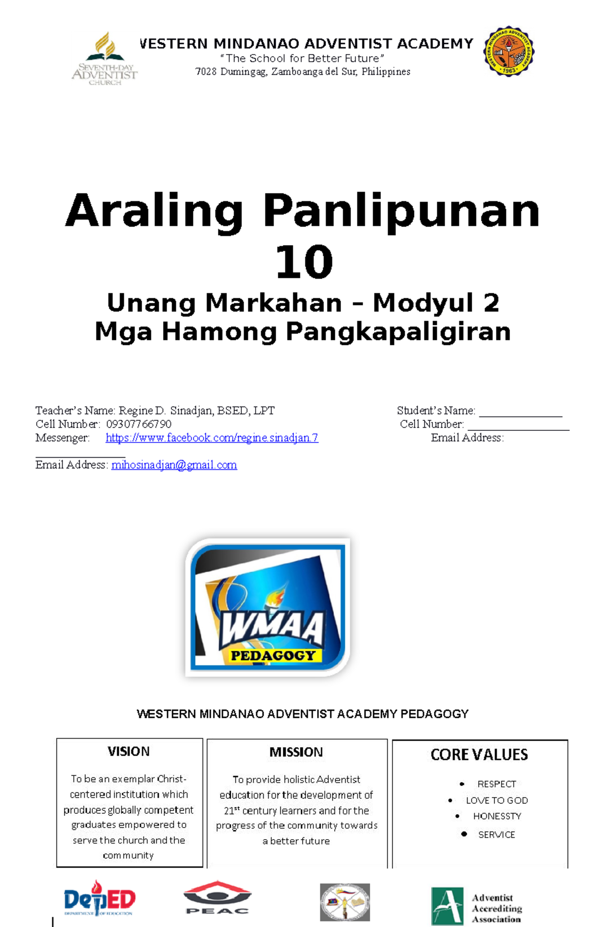 AP 10 Q1-M2 - module - WESTERN MINDANAO ADVENTIST ACADEMY ####### “The School for Better Future ...