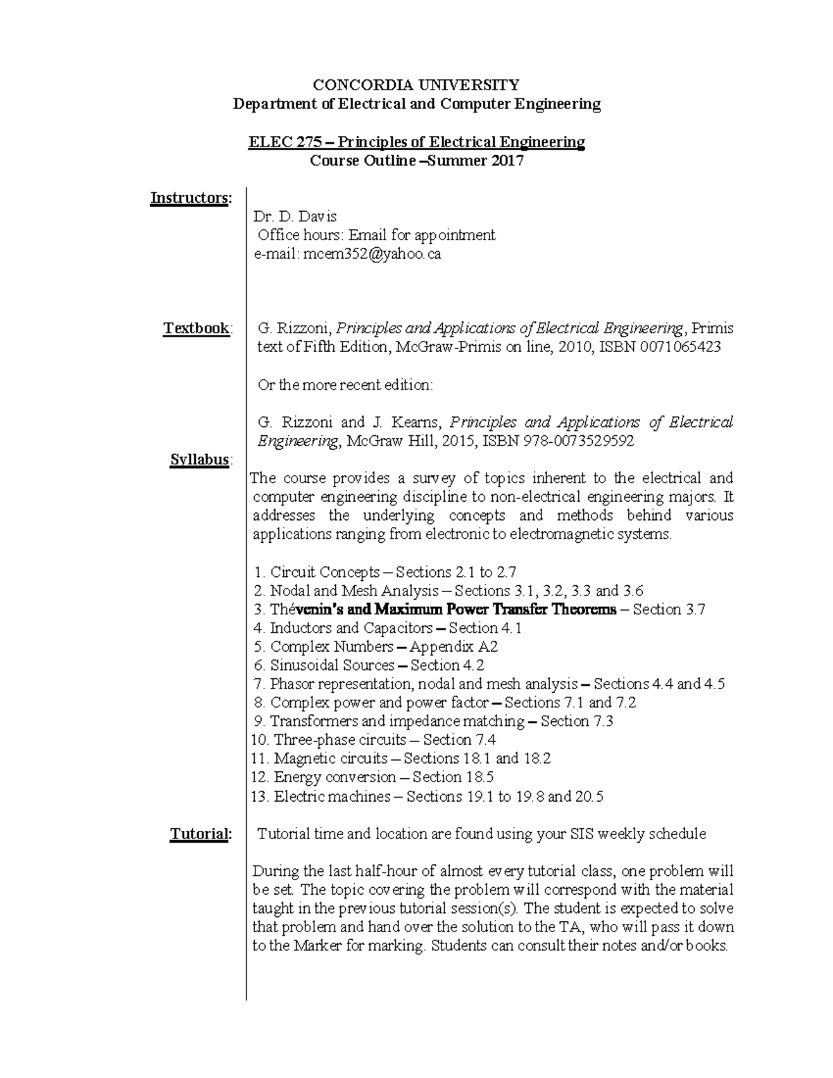 ELEC 275 Outline S17 - CONCORDIA UNIVERSITY Department of Electrical ...