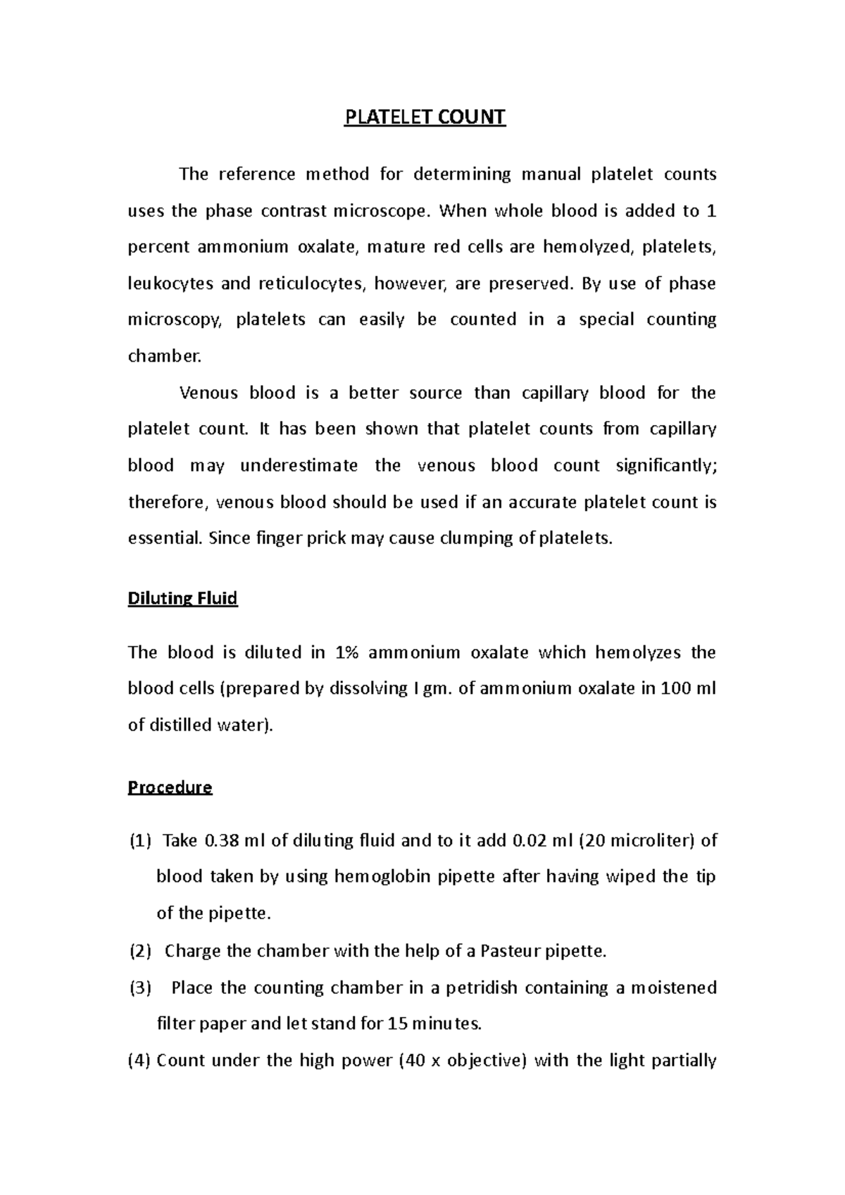 Hema - hemaaa - PLATELET COUNT The reference method for determining ...