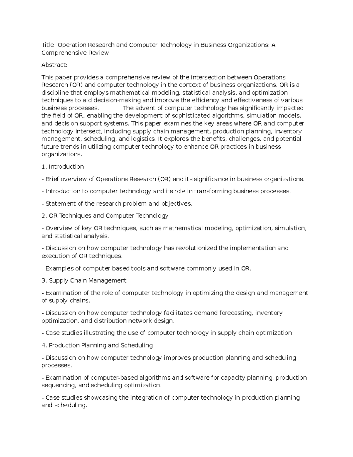 Abstract on OM - Title: Operation Research and Computer Technology in ...