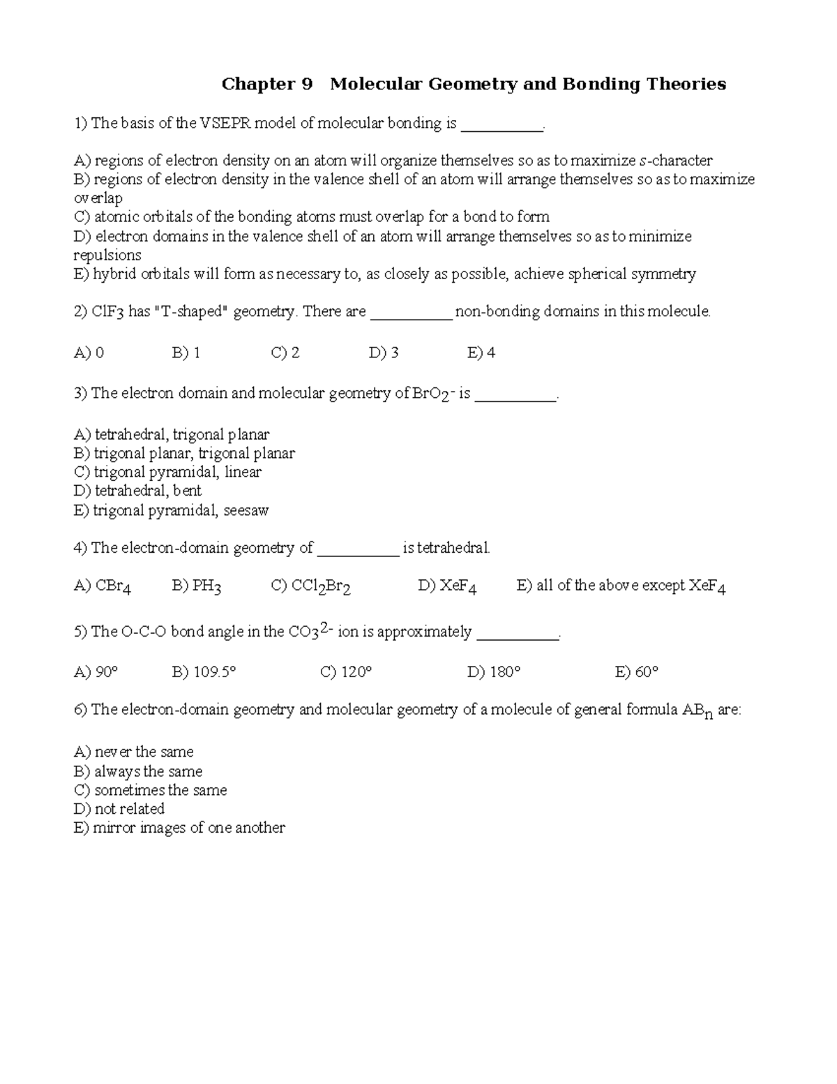Chapt 9 probs - cote - Chapter 9 Molecular Geometry and Bonding ...