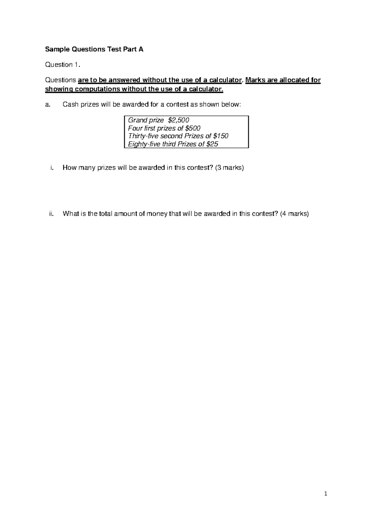 Sample Test Part A 2019 - 1 Sample Questions Test Part A Question 1 ...
