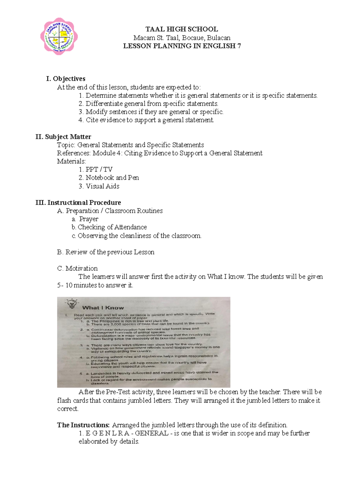 Semi Detailed Lesson Plan About Cite Evidences To Support General