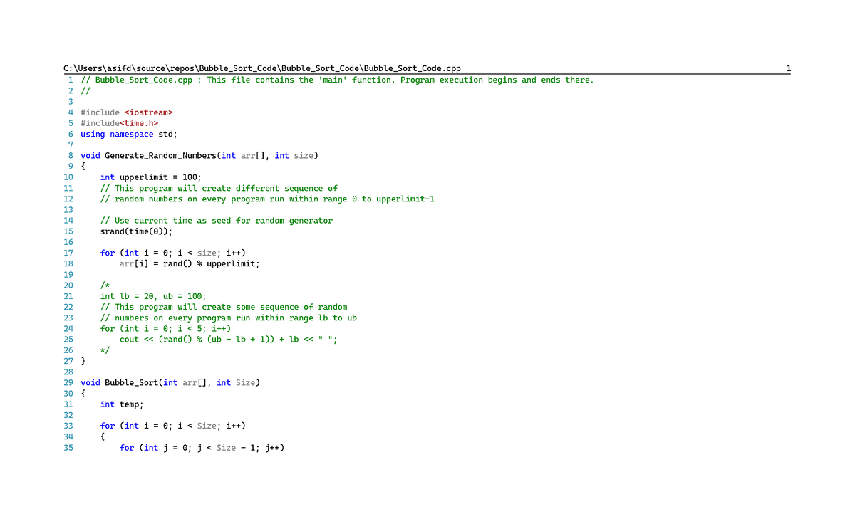 Bubble Sort Code with Random Number Generator - 1 2 3 4 5 6 7 8 9 10 11 ...