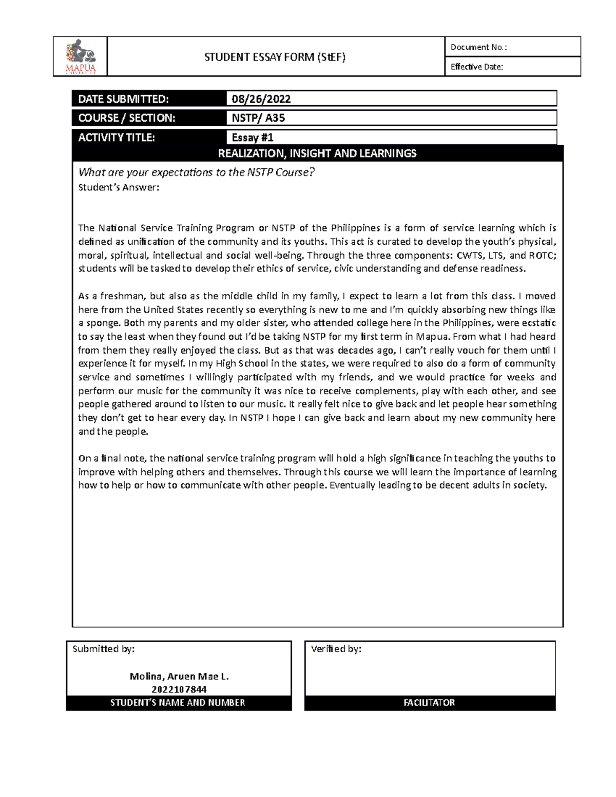 Form - NSTP1 00 Essay #1 - STUDENT ESSAY FORM (StEF) Document No ...