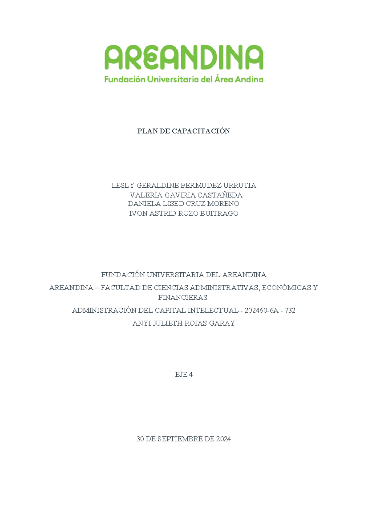 EJE 4 Administracion DEL Captital Intelectual - PLAN DE CAPACITACIÓN ...