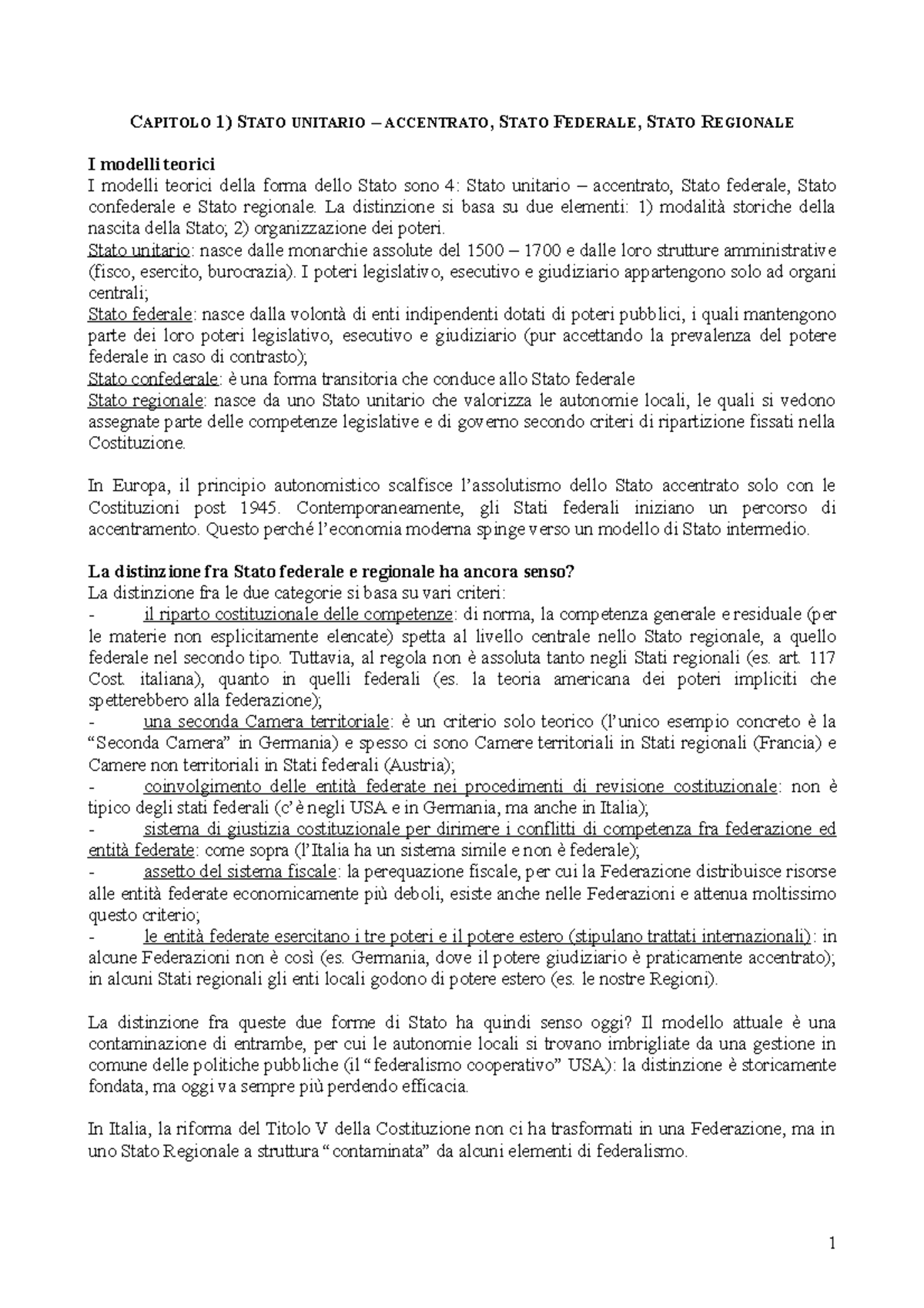 Regionale - RIASSUNTO COMPLETO - CAPITOLO 1) STATO UNITARIO ...