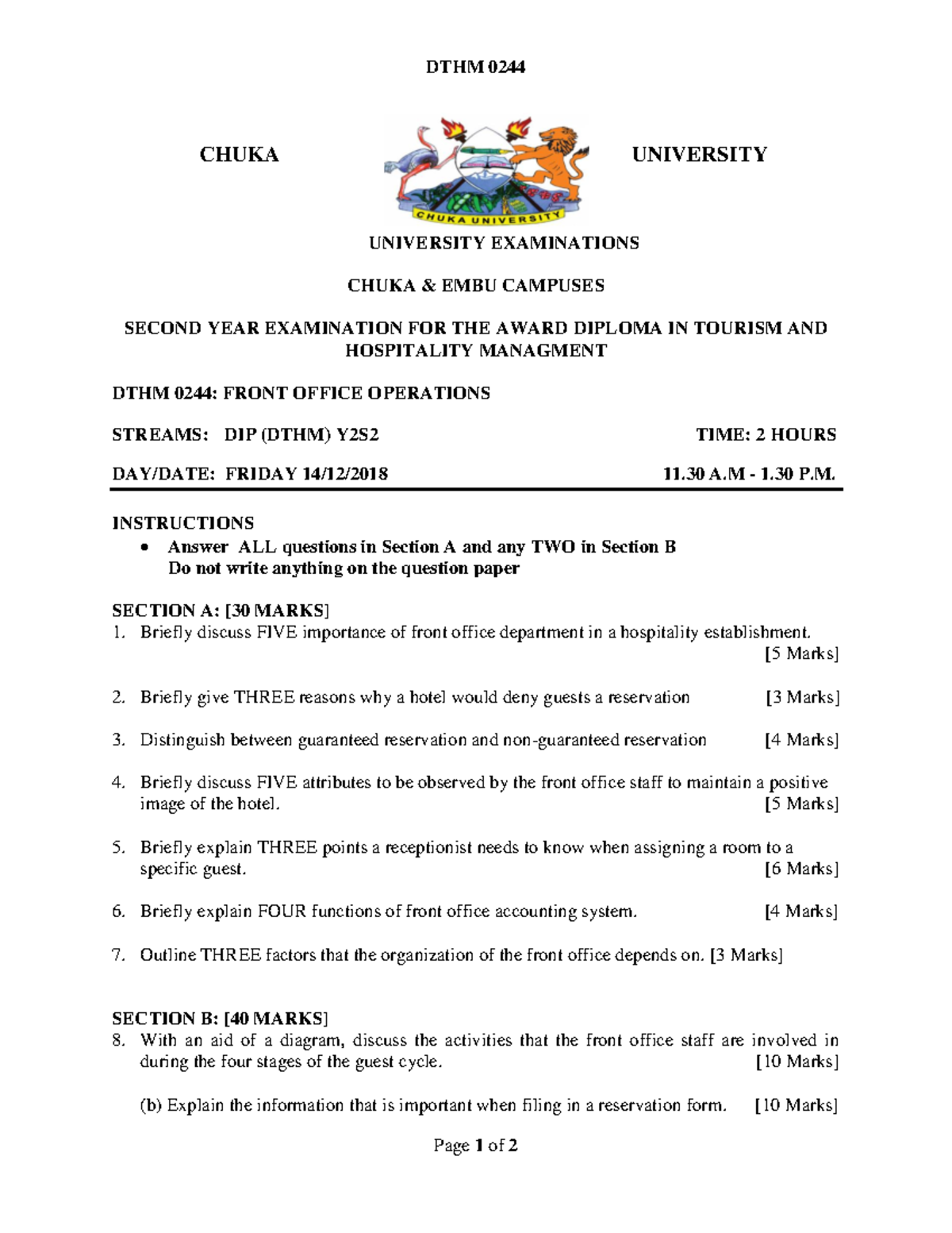 DTHM 0244 - Very nice exam layout - DTHM 0244 Page 1 of 2 CHUKA ...