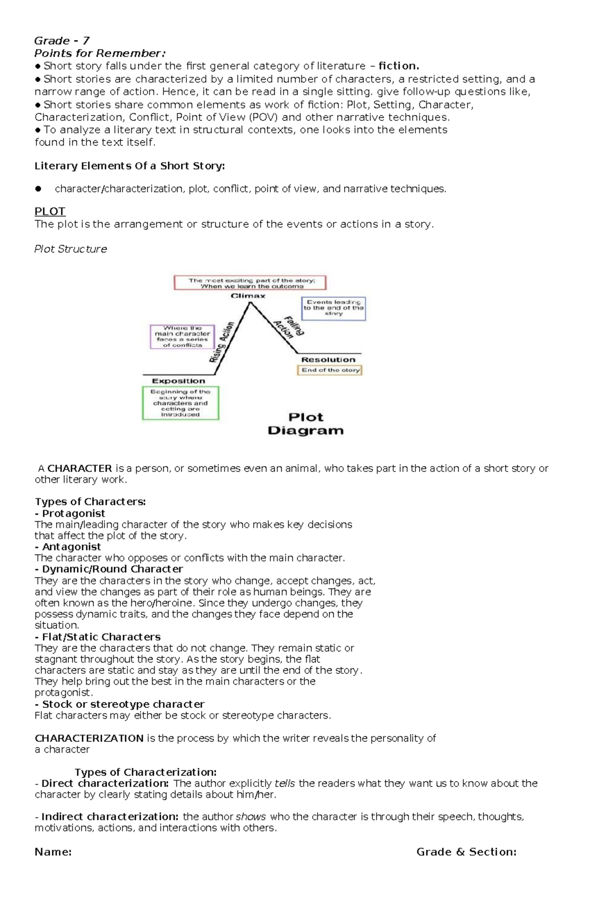 Literary Elements Of a Short Story - Grade - 7 Points for Remember ...