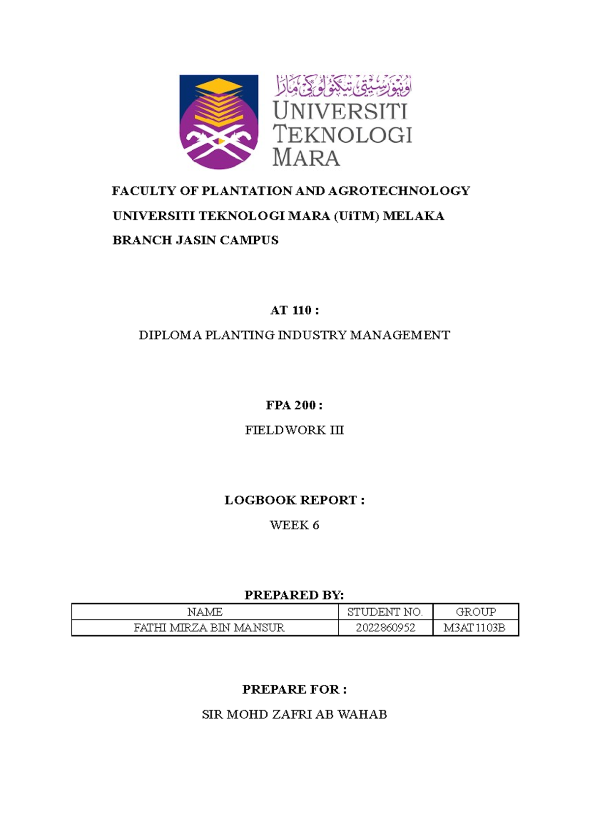 Logbook Field Management Fpa 200 faculty plantation and agrotechnology ...