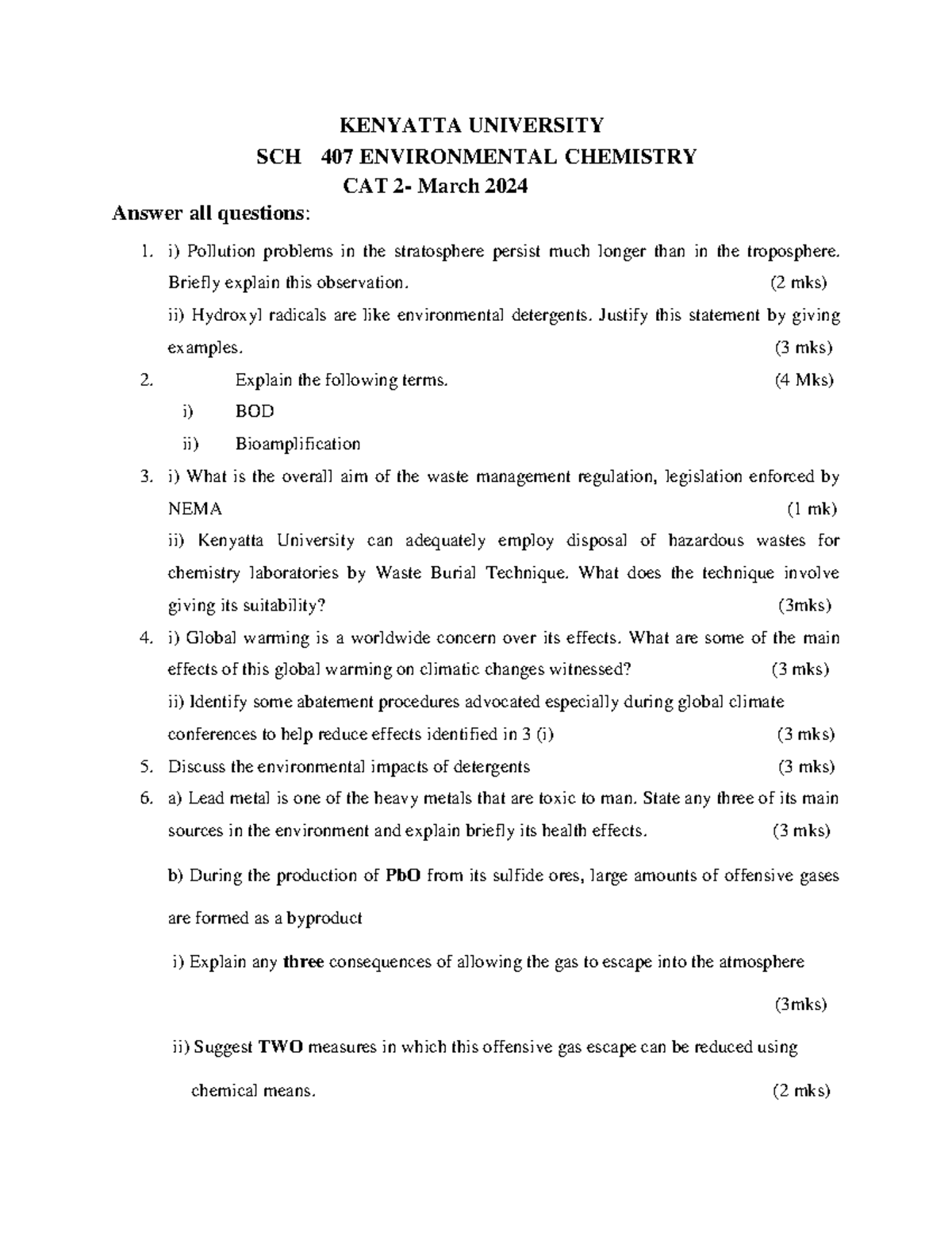 SCH 407 Environmental chem CAT 2 2024 - KENYATTA UNIVERSITY SCH 407 ENVIRONMENTAL CHEMISTRY CAT ...