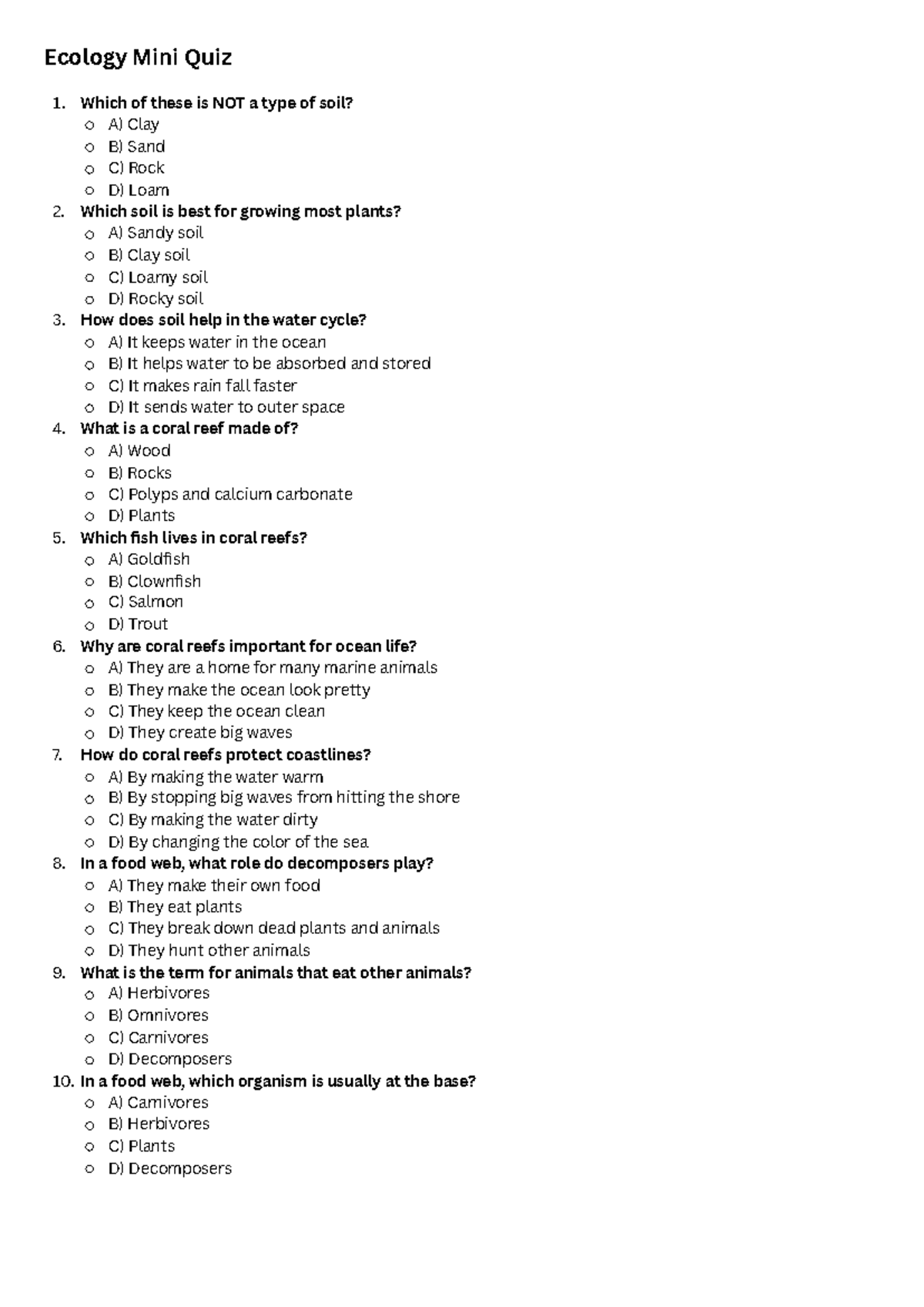 Ecology Quiz Midterm - Ecology Mini Quiz Which of these is NOT a type ...