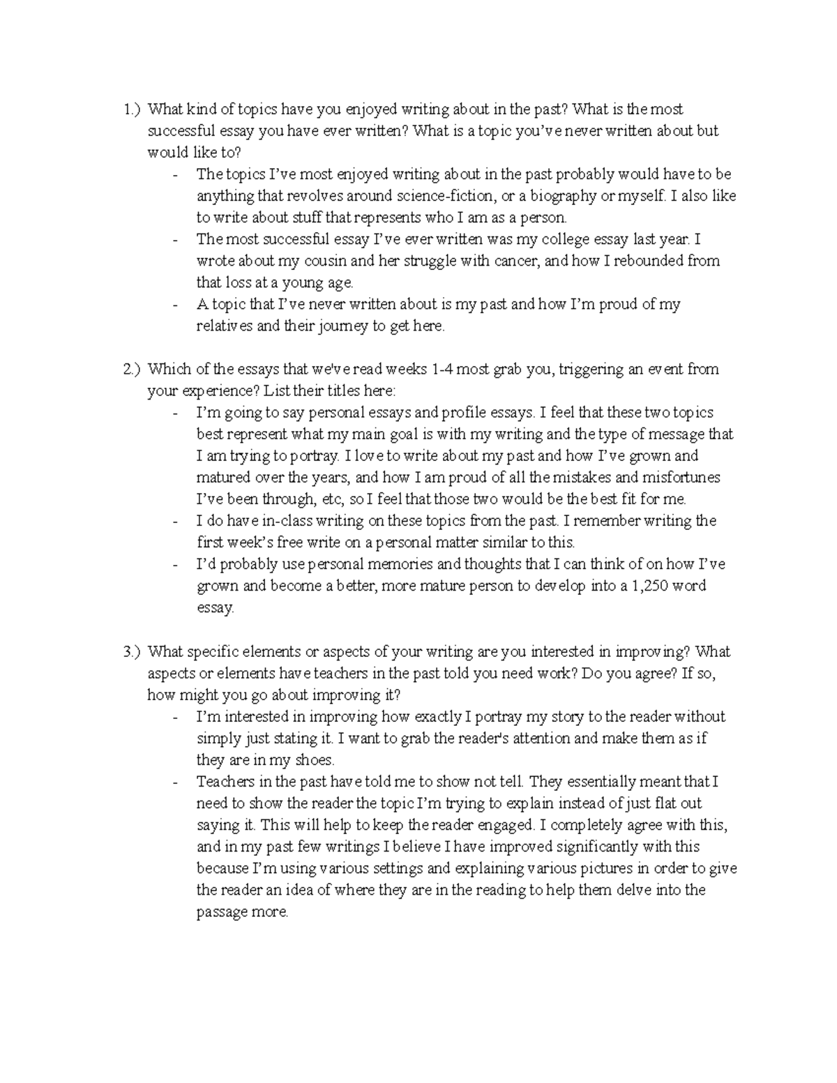 Week 4 IWP for ENGL 101 - 1.) What kind of topics have you enjoyed ...