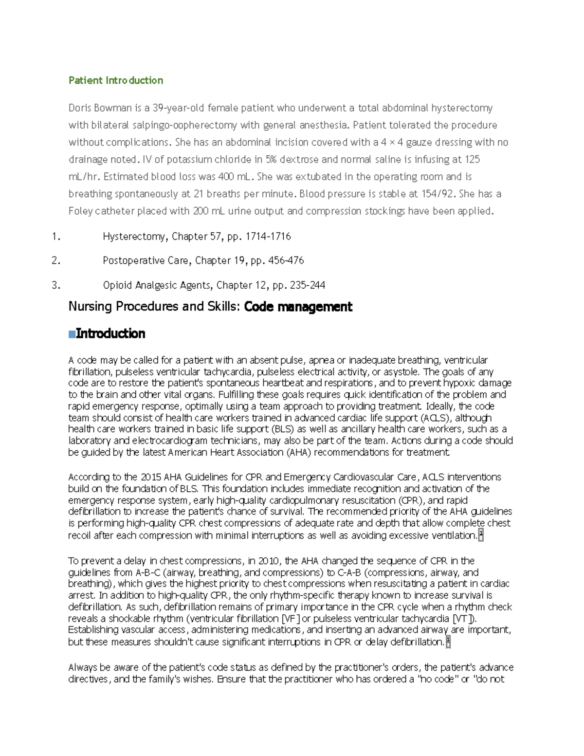 Med surg dorris bowman info - Patient Introduction Doris Bowman is a 39 ...