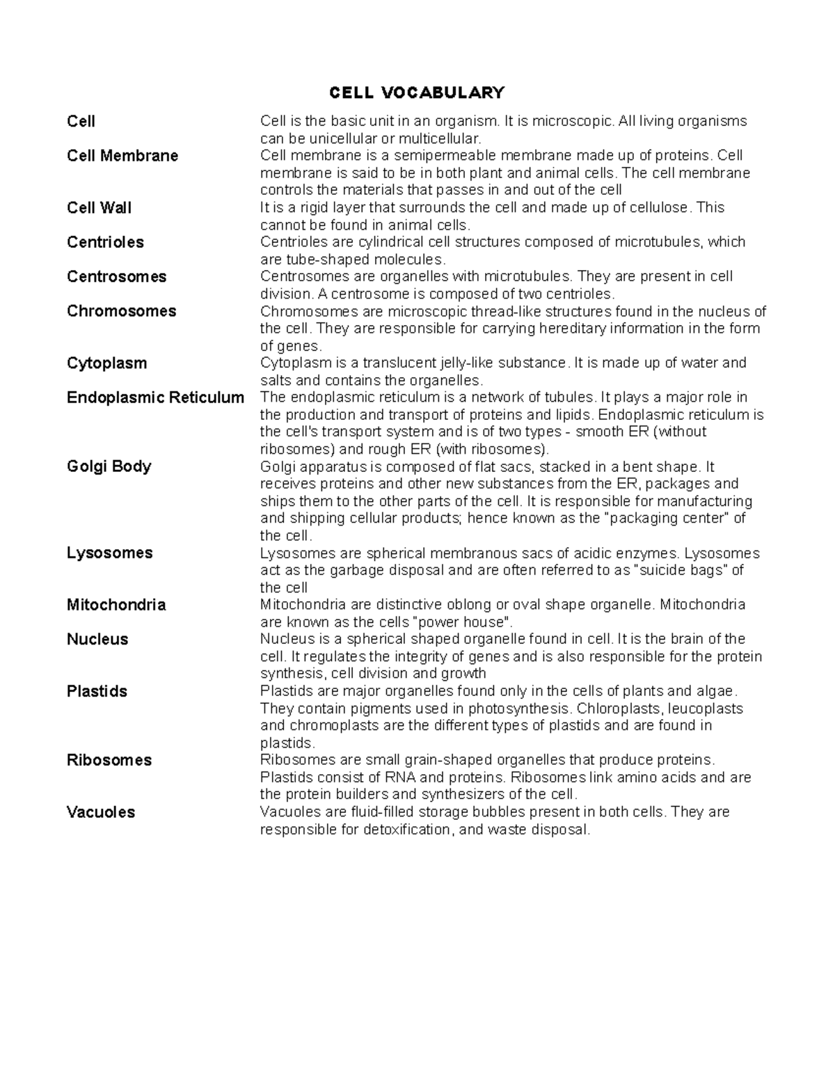 Cell - Cell - CELL VOCABULARY Cell Cell is the basic unit in an ...