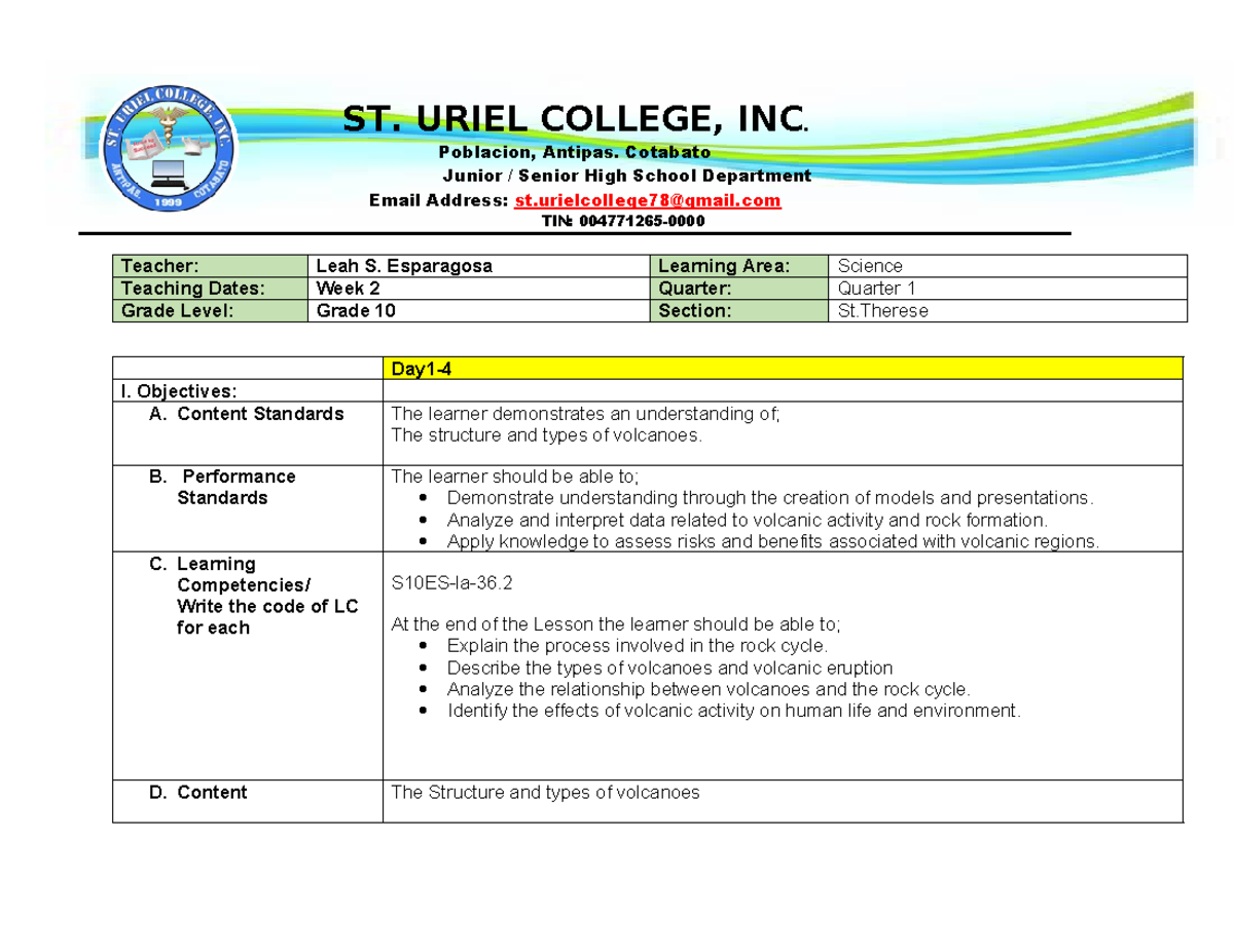 Daily Lesson plan grade 10 week 2 - Teacher: Leah S. Esparagosa ...