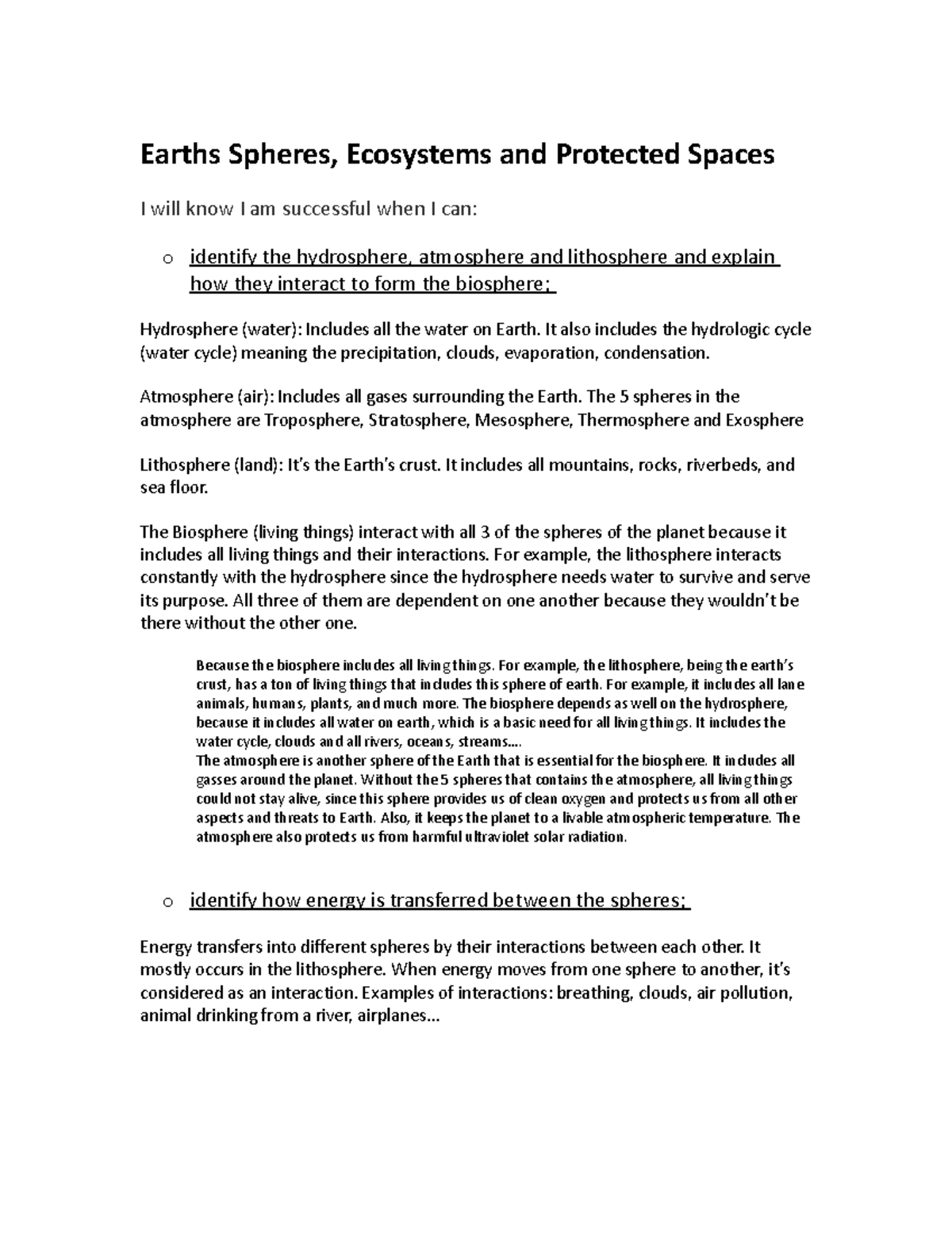 Unit 1 sucess criteria - Notes for Unit 1. - Earths Spheres, Ecosystems ...