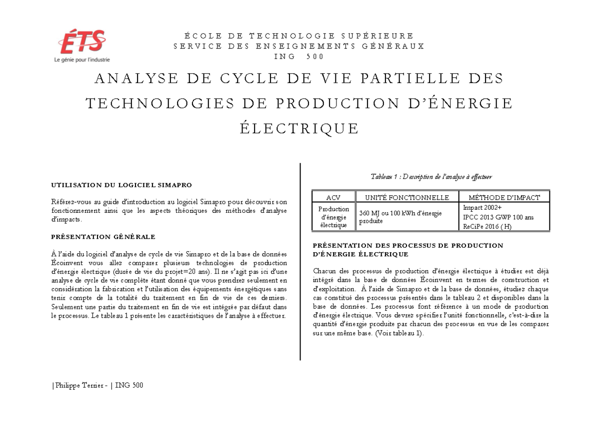 ING 500 ACV partielle technologies production énergie Ecoinvent v3 ...