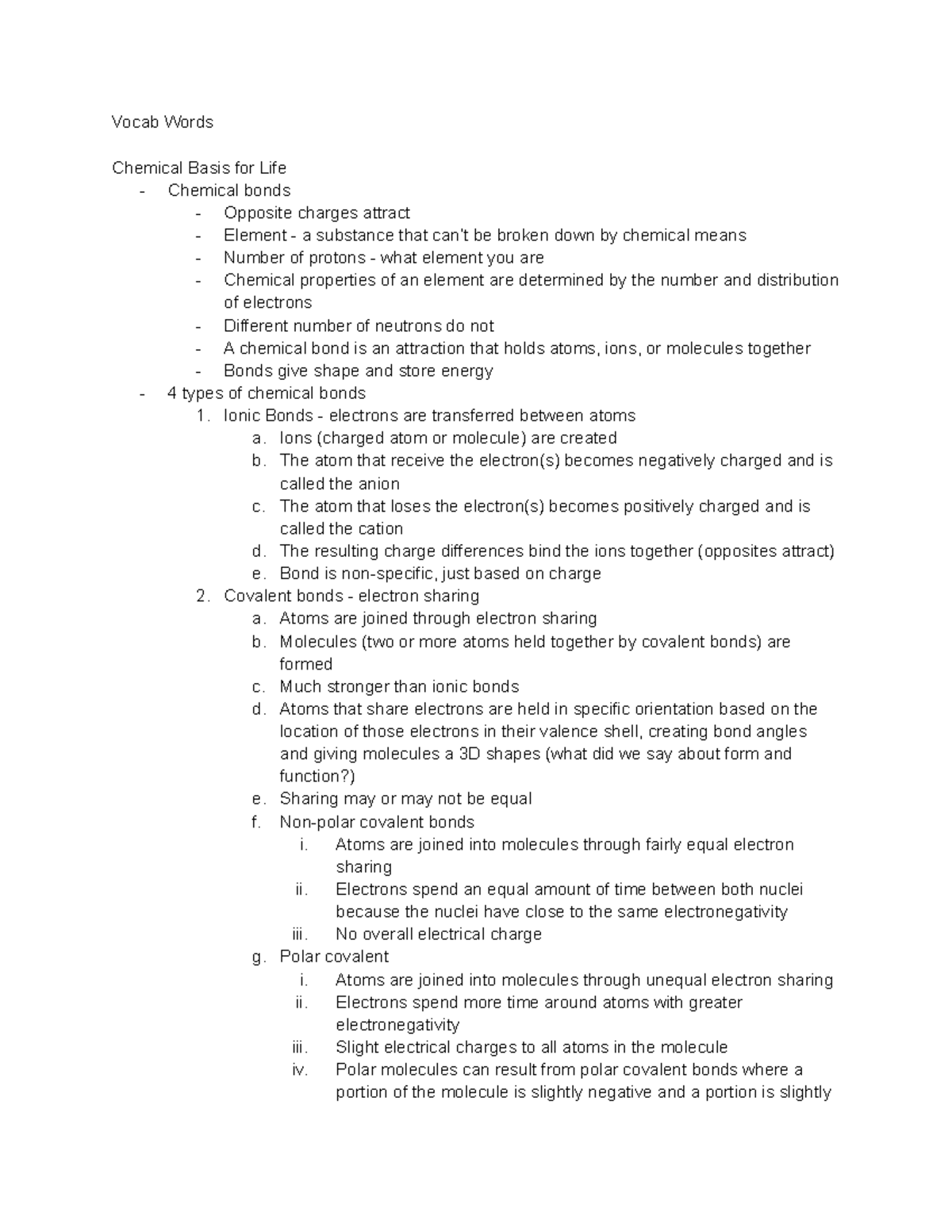 BIO Chapter 2 Notes - Vocab Words Chemical Basis for Life - Chemical ...