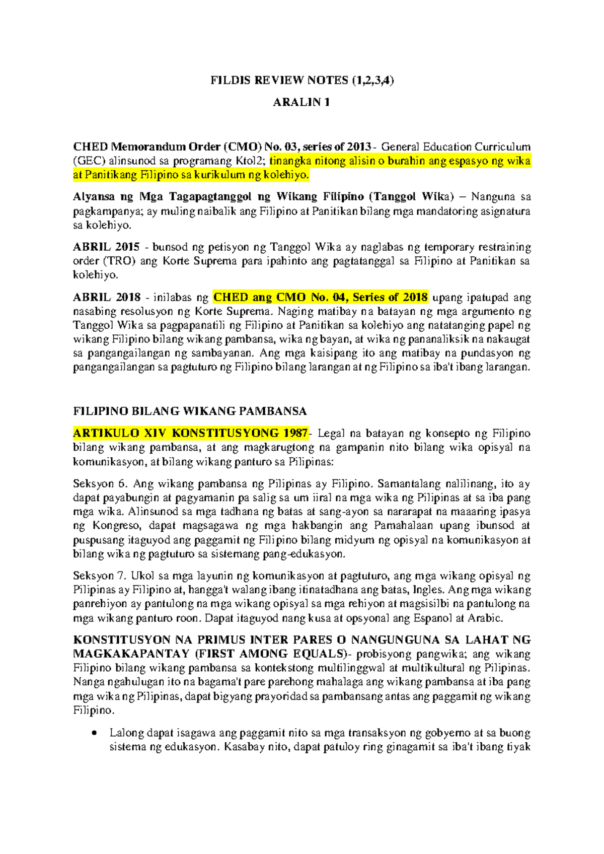 Fildis- Review- Notes - filipino - FILDIS REVIEW NOTES (1,2,3,4) ARALIN ...