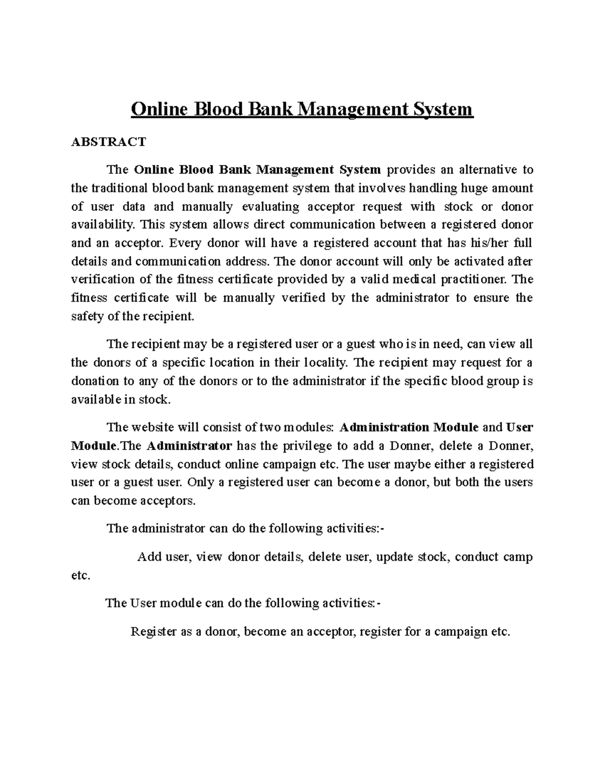 Online Blood Bank Management System - This system allows direct ...