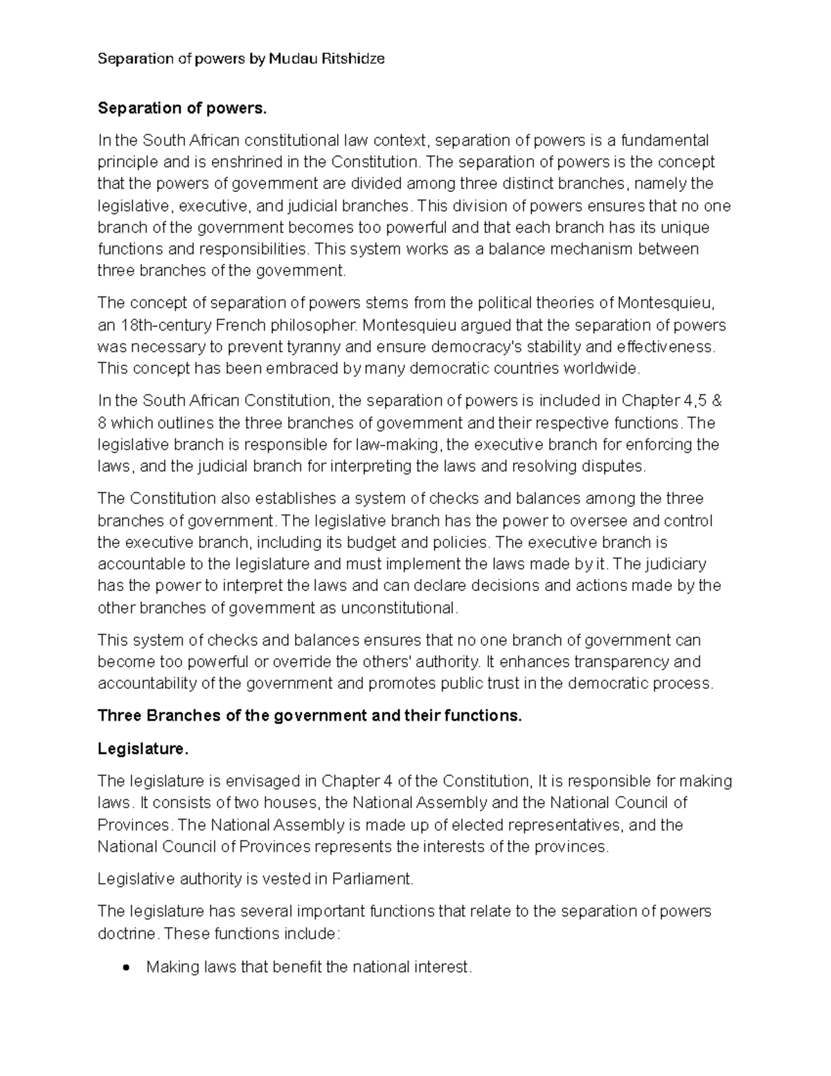 Separation OF Powers CAL - Separation of powers by Mudau Ritshidze Separation of powers. In the ...