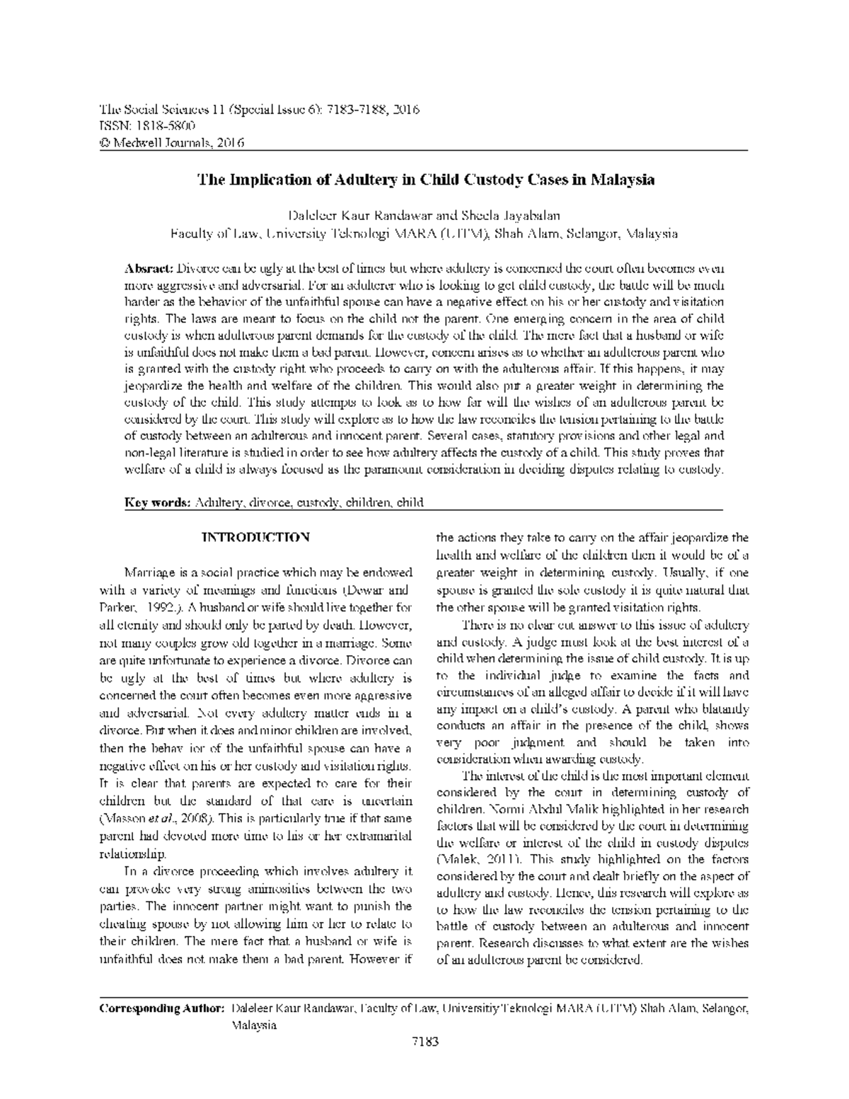 The Effect of Adultery on Custody - Commercial Law - Studocu