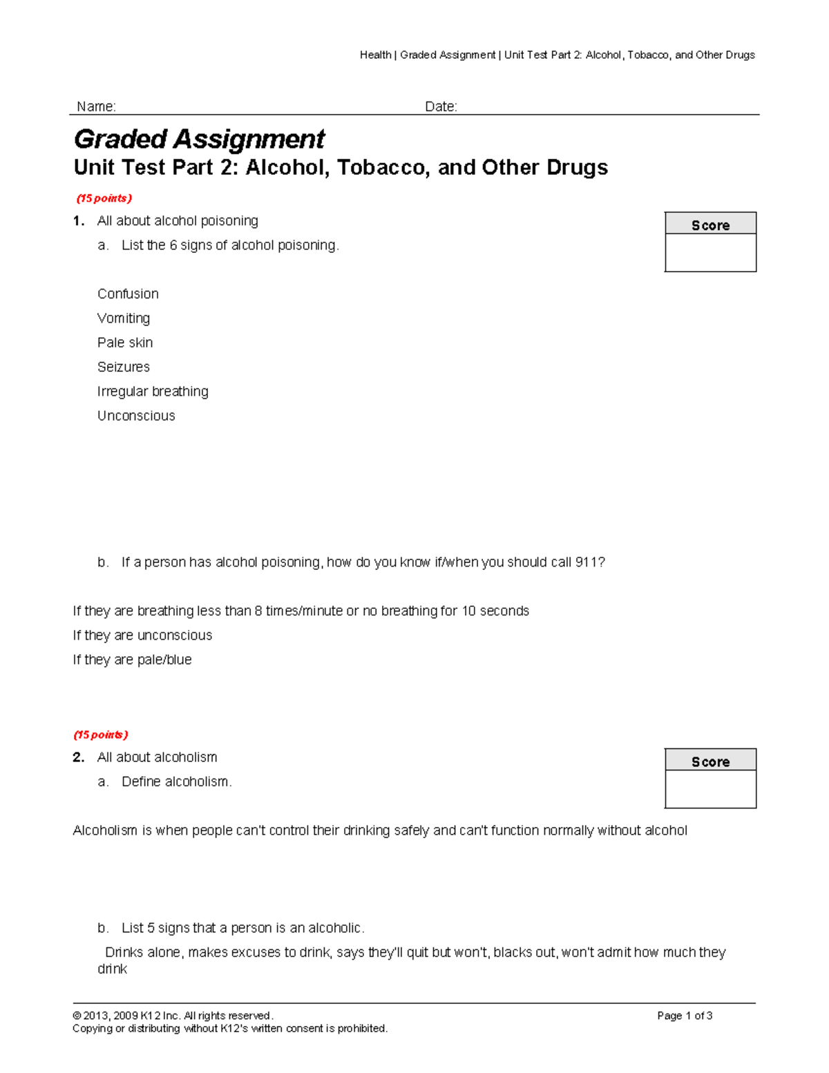 Unit Test Part 2 Alcohol, Tobacco and Other Drugs - All about alcohol ...