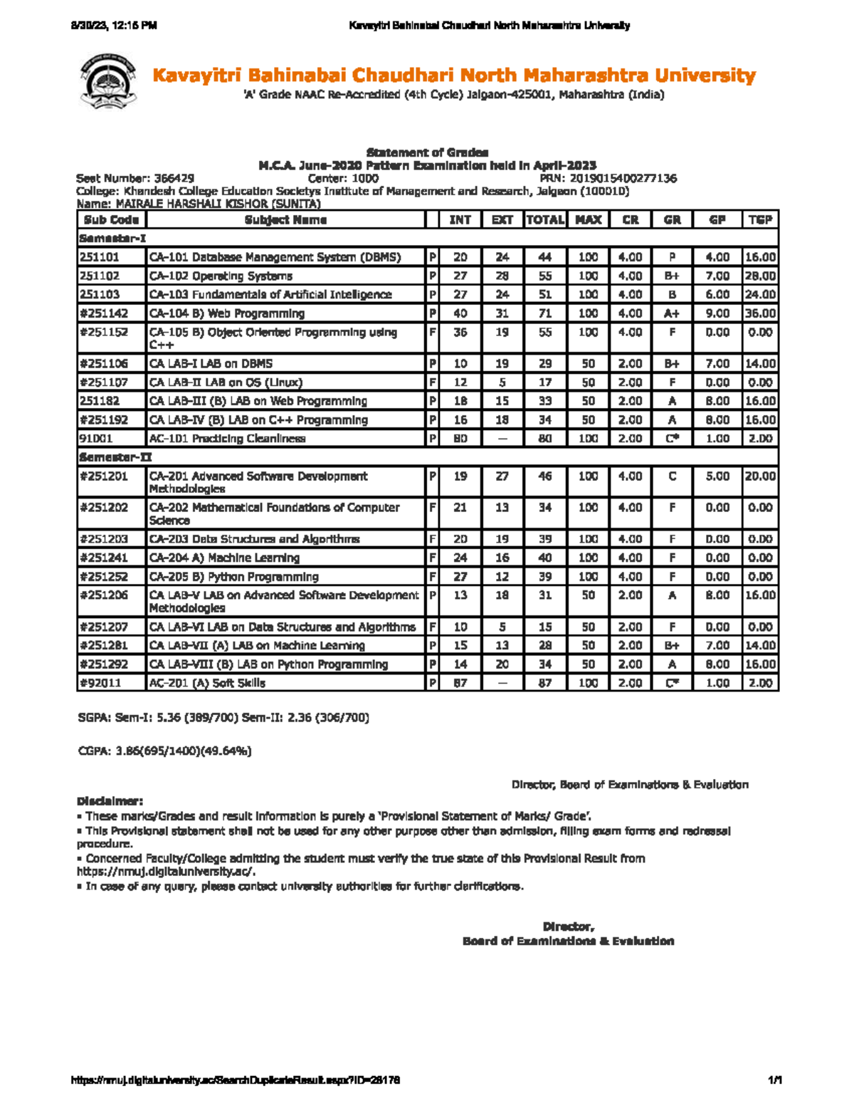 MCA I 429-445 pdf - Result - Masters in Computer Application - Studocu